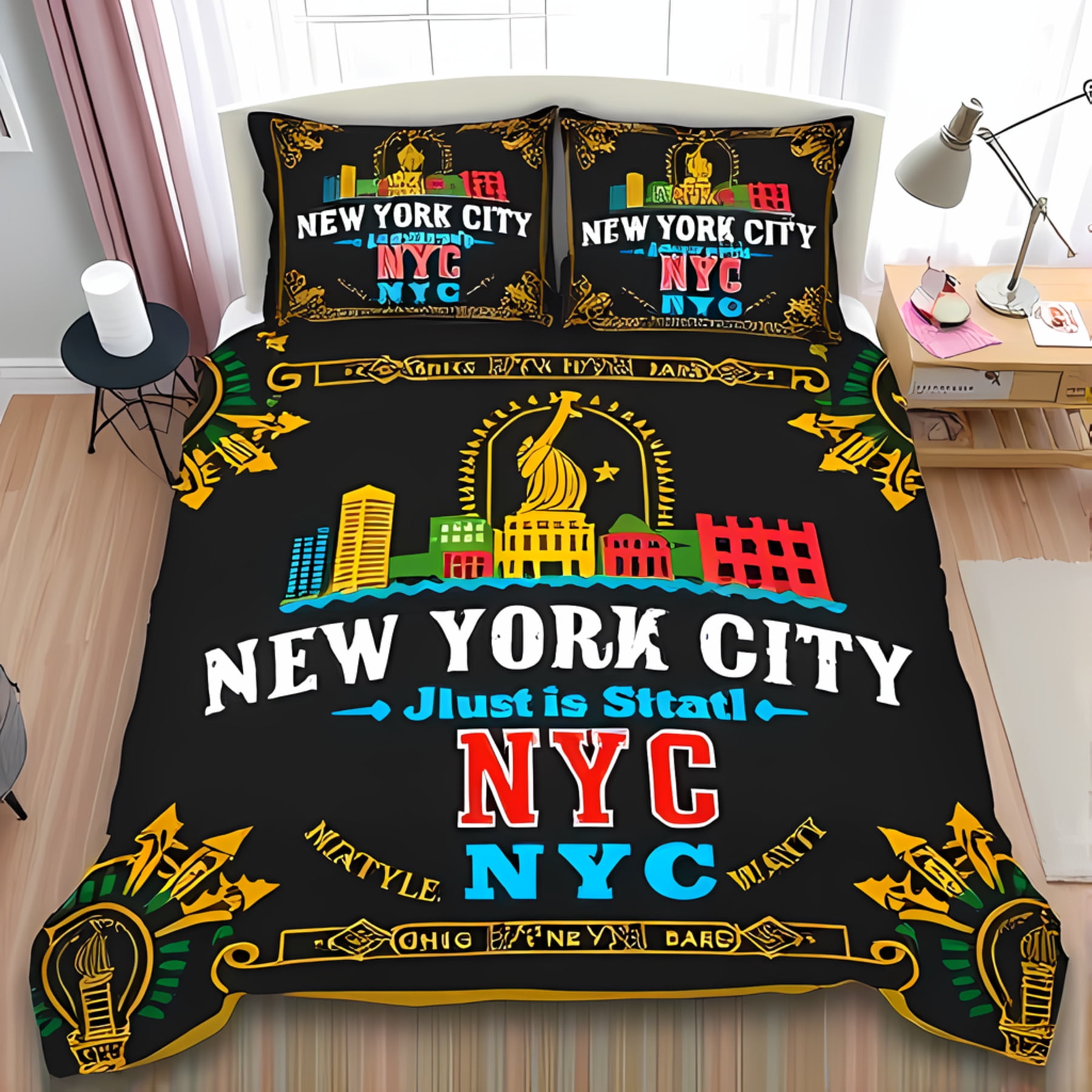 3-Piece Duvet Cover Set - Vibrant New York City Cityscape Design with ...