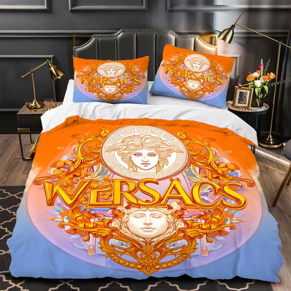 3-Piece Duvet Cover Set - Vibrant Orange & Blue with Bold Gold Modern ...