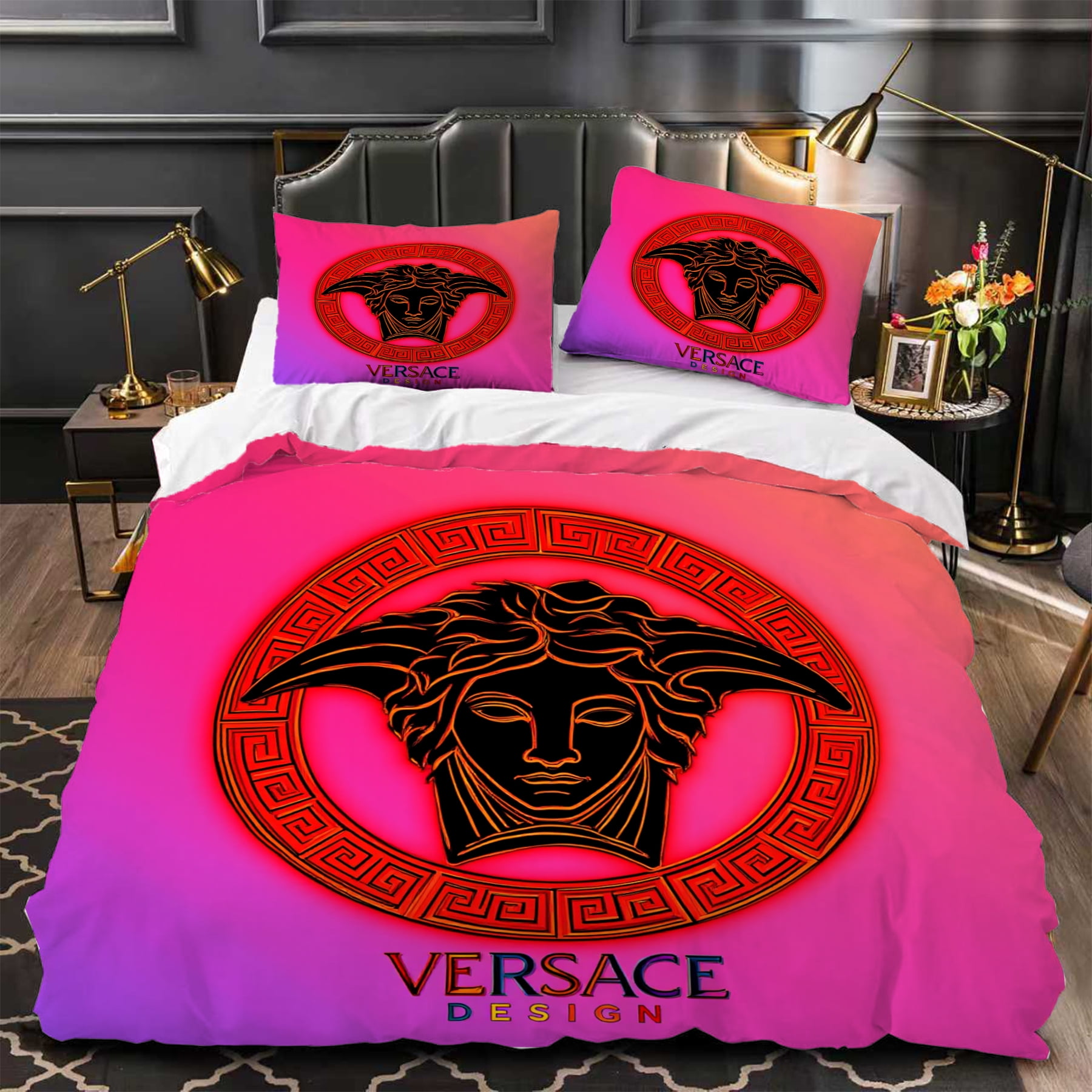 3-Piece Duvet Cover Set - Vibrant Pink & Purple & Intricate Circular ...