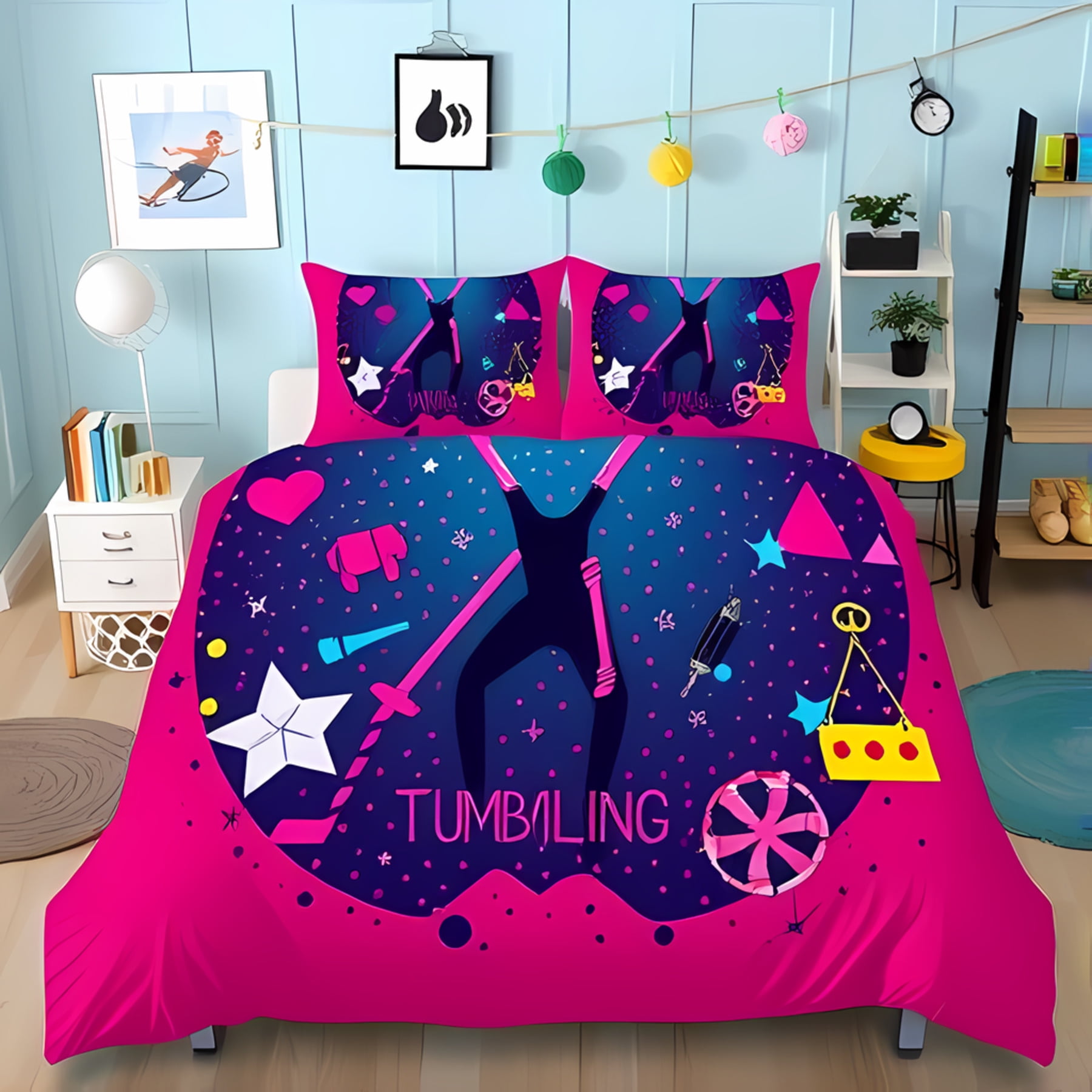 3-Piece Duvet Cover Set - Vibrant Pink Tumbling Figure Design with ...
