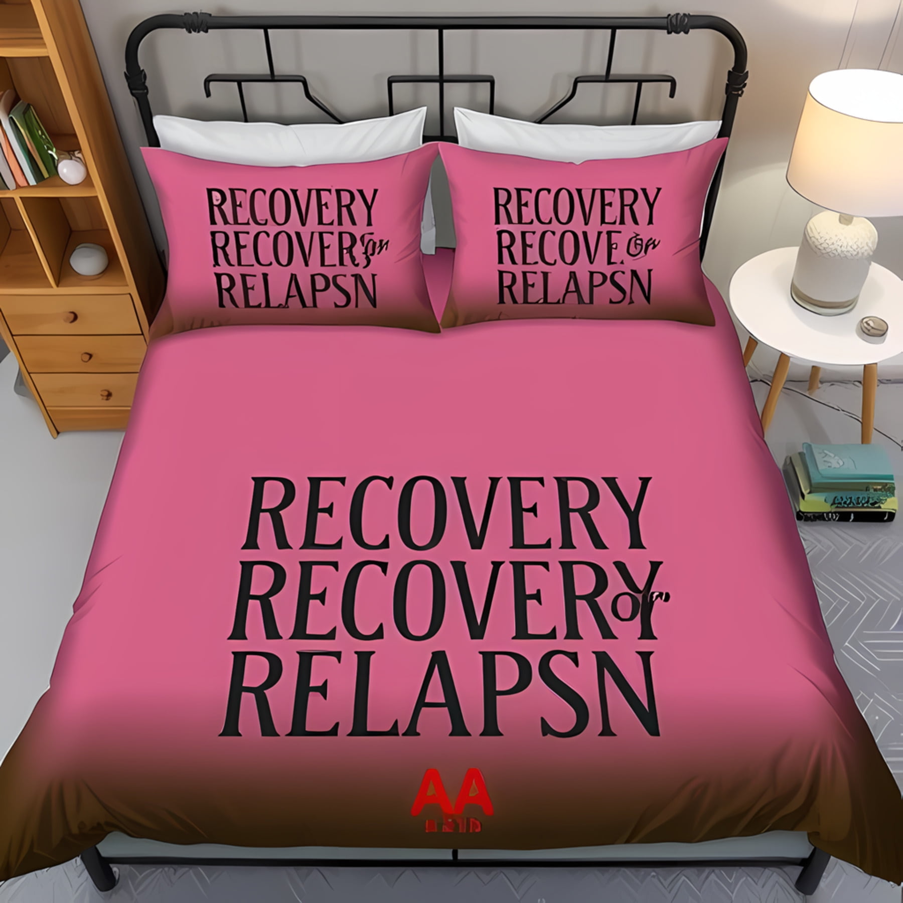 3-Piece Duvet Cover Set - Vibrant Pink with Bold 'RECOVERY' & 'RELAPSE ...