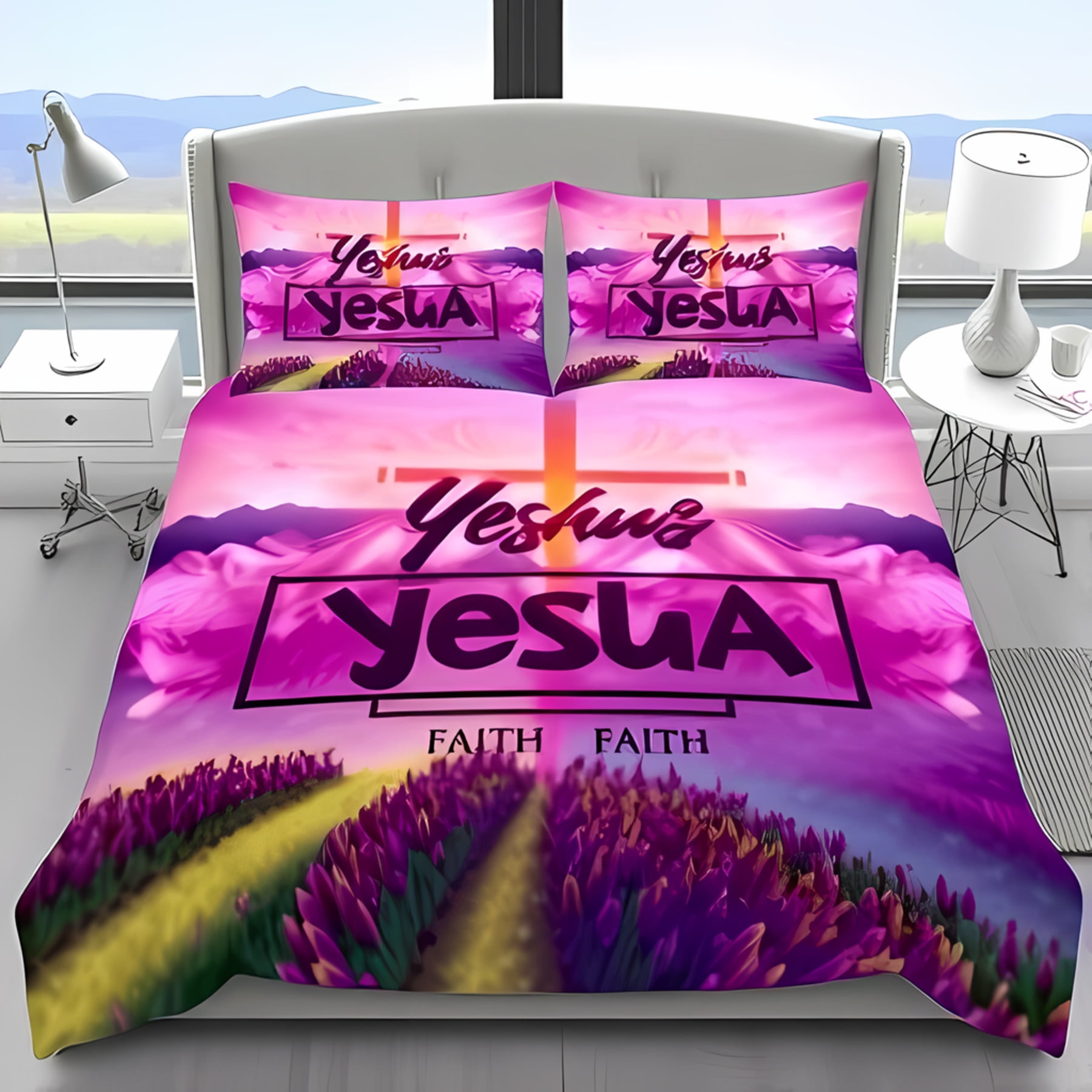 3-Piece Duvet Cover Set - Vibrant Purple Floral Design with Faith Inspired Cross & 'Yeshua' Text ...
