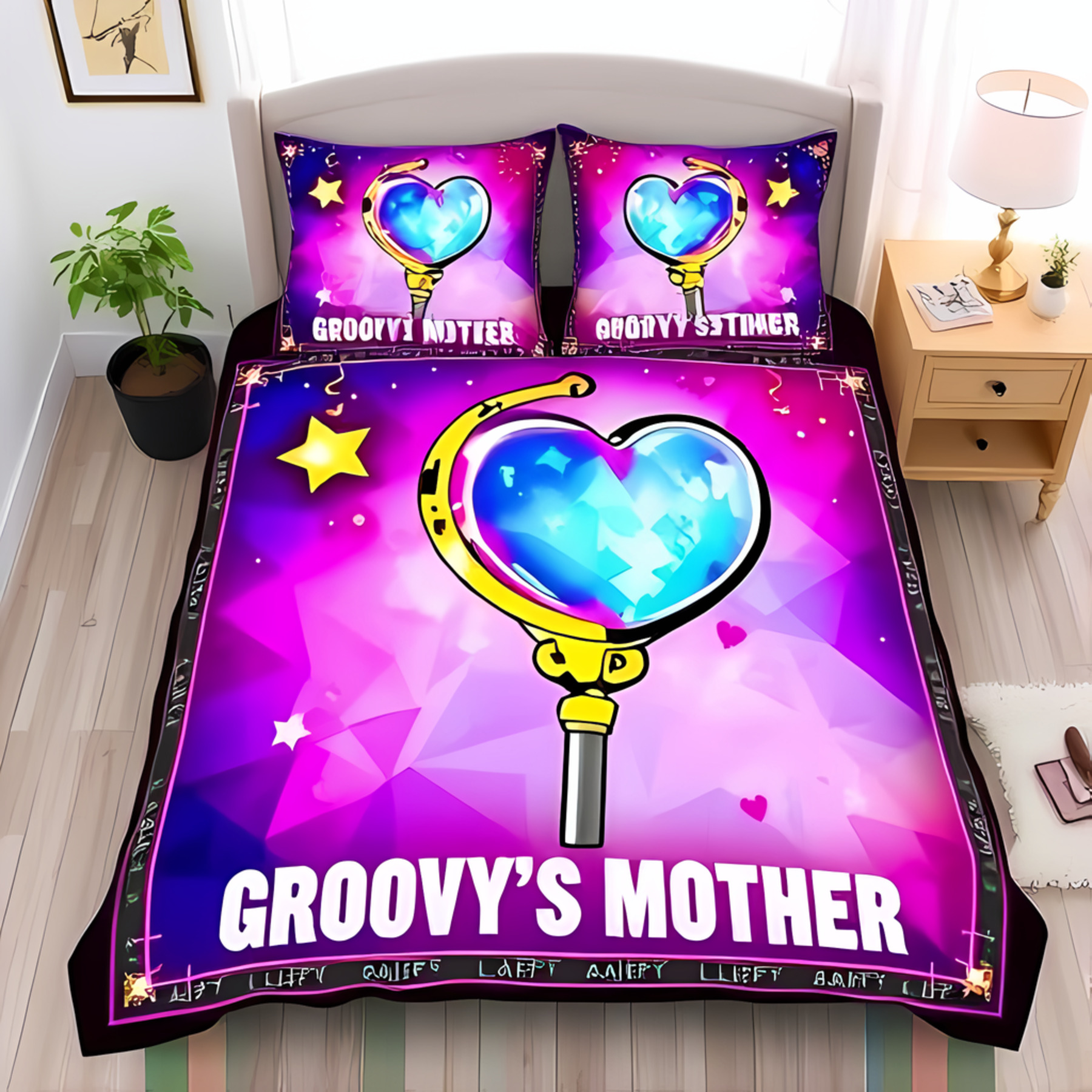 3-Piece Duvet Cover Set - Vibrant Purple & Pink with Golden Heart ...