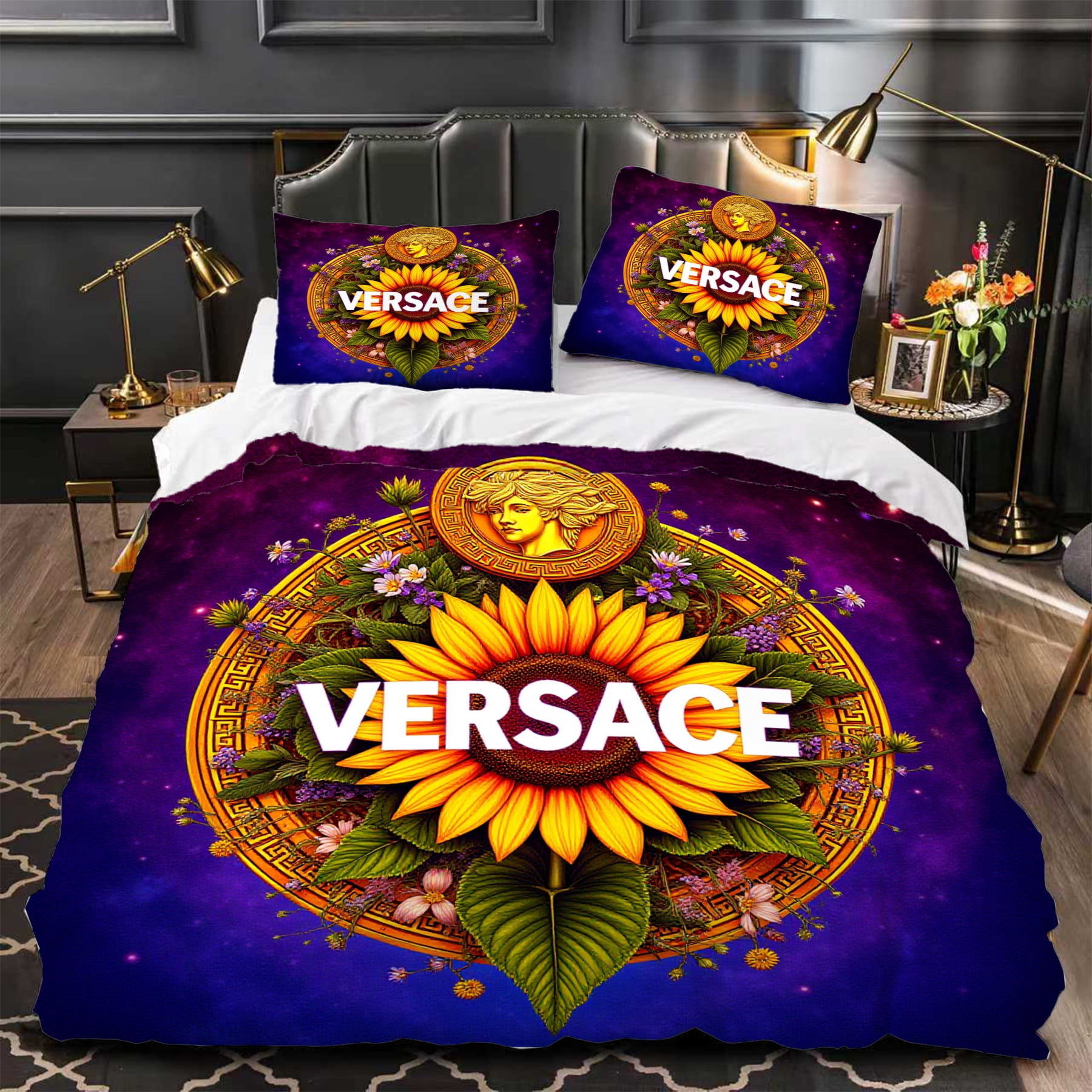 3-Piece Duvet Cover Set - Vibrant Purple Sunflower Design Elegant ...