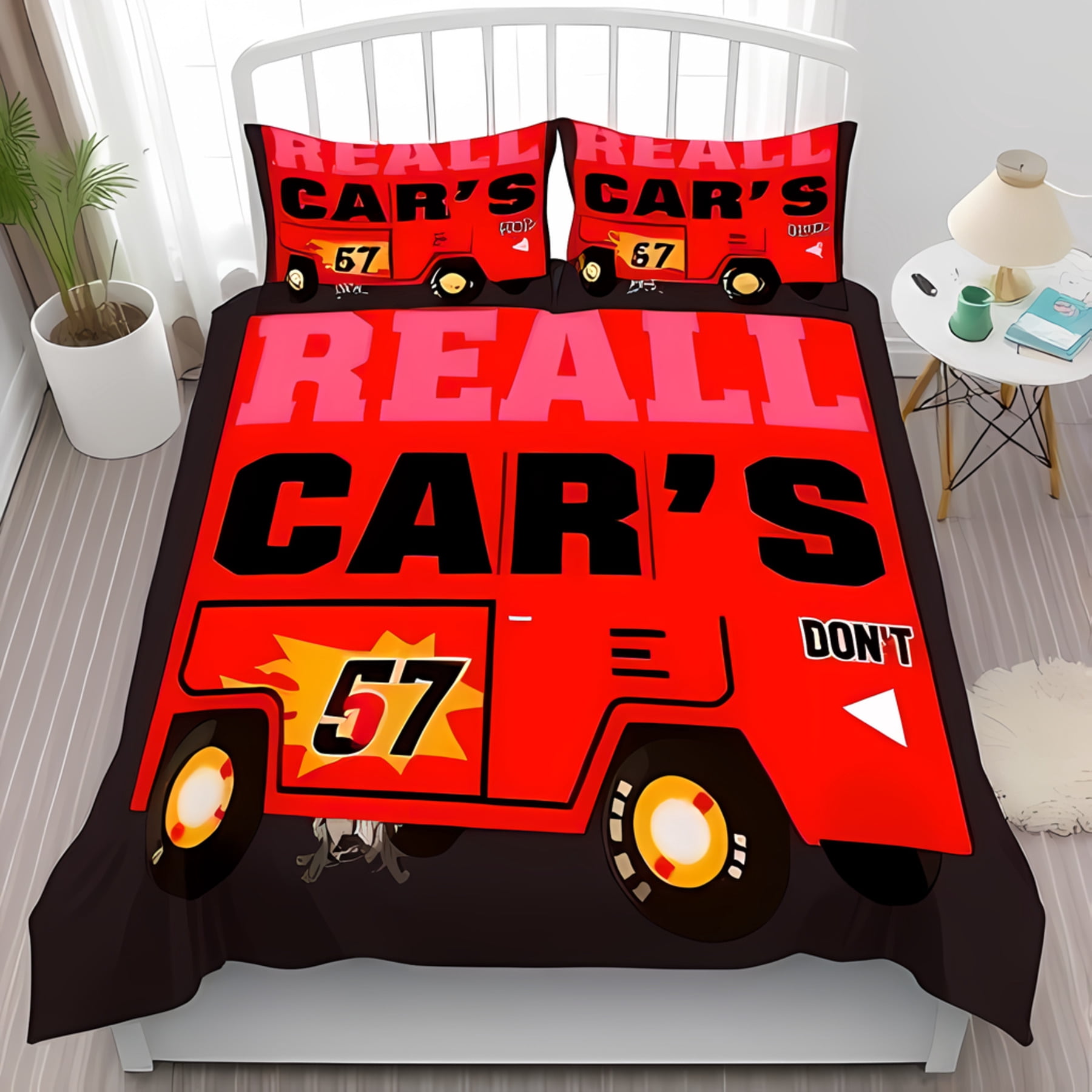3-Piece Duvet Cover Set - Vibrant Red Car Themed Bedding with Cartoon ...