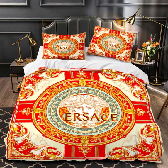 3-Piece Duvet Cover Set - Vibrant Red & Gold Ornate Pattern Luxurious ...