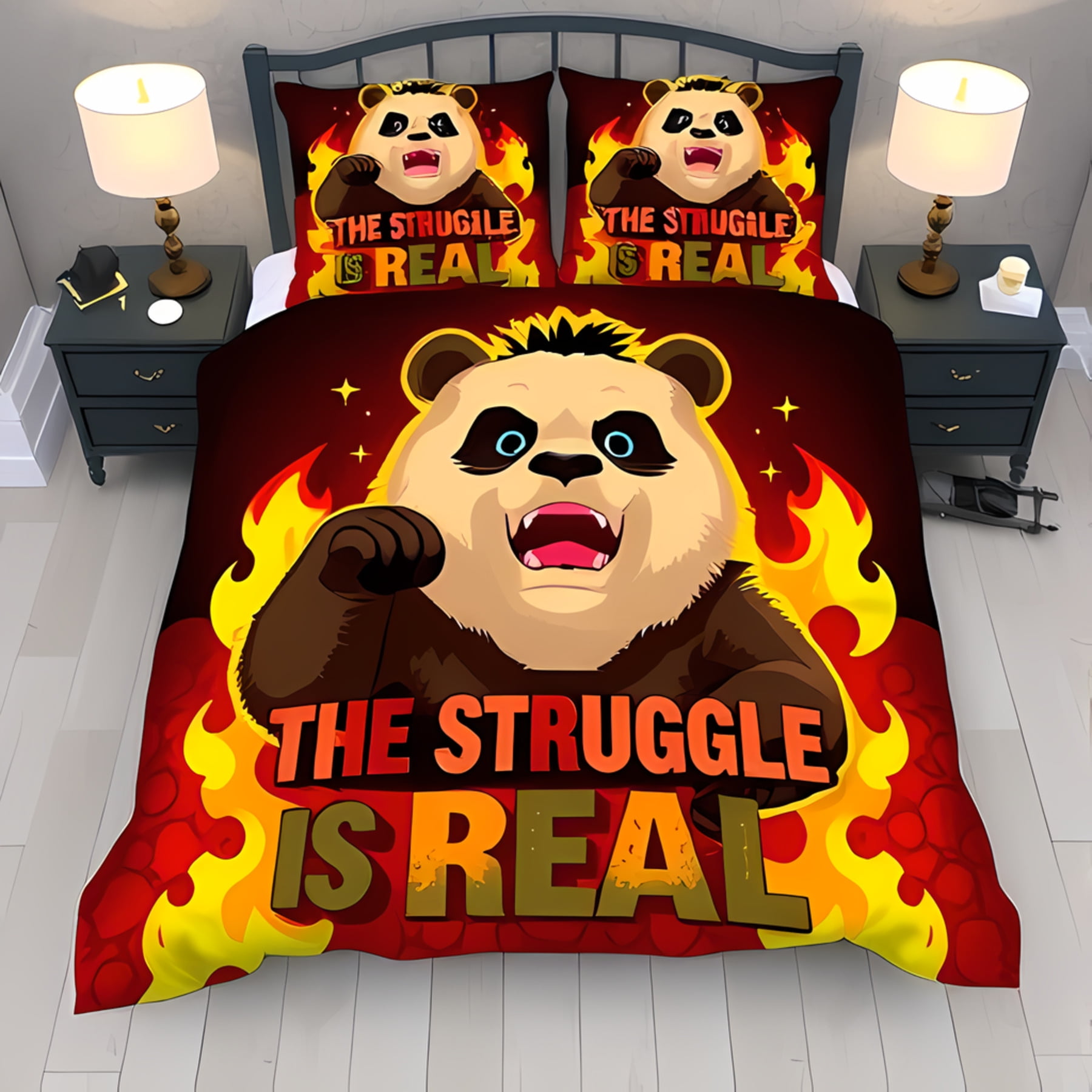 3-Piece Duvet Cover Set - Vibrant Red with Cartoon Panda Bear in Flames ...