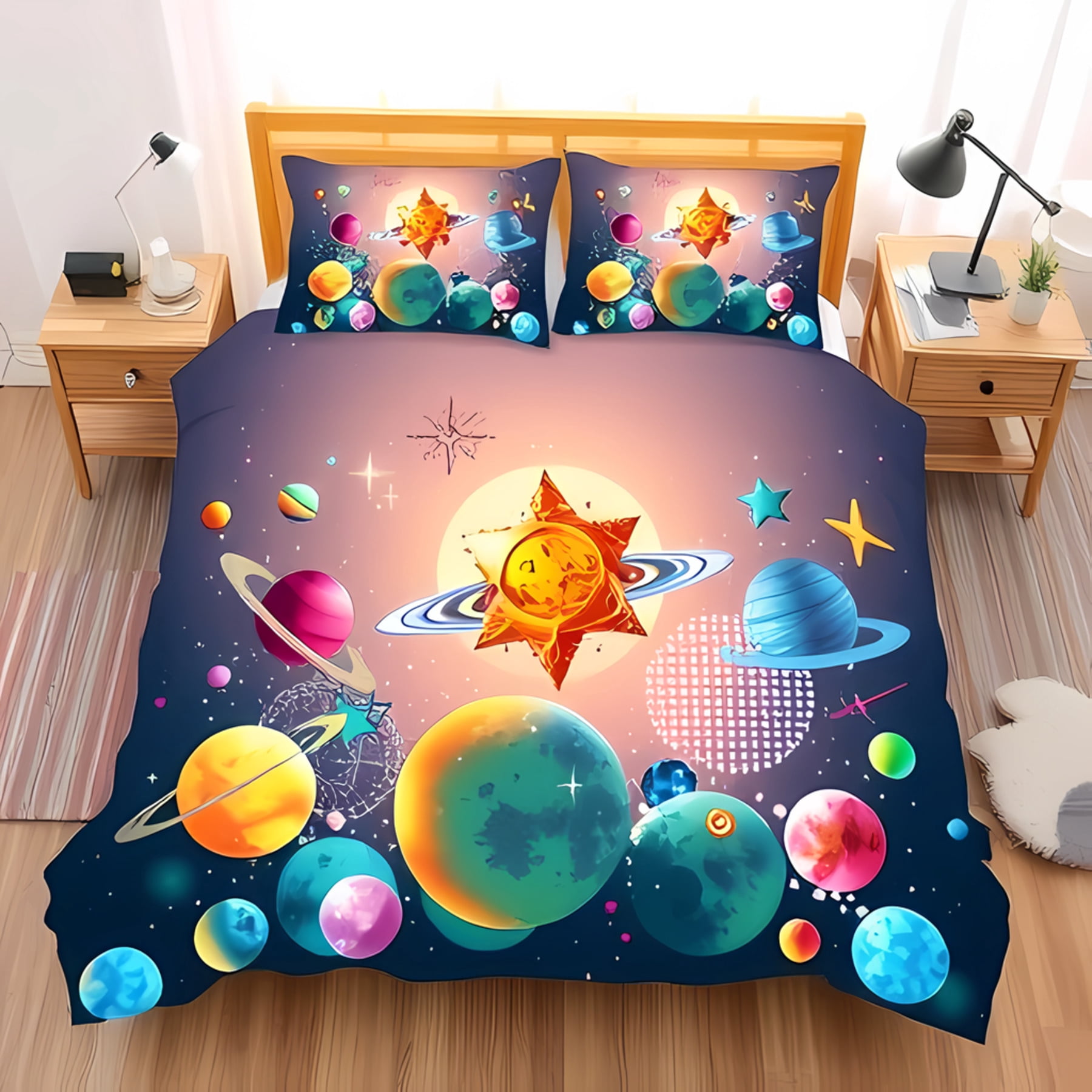 3-Piece Duvet Cover Set - Vibrant Sun Colorful Planets & Stars Design ...