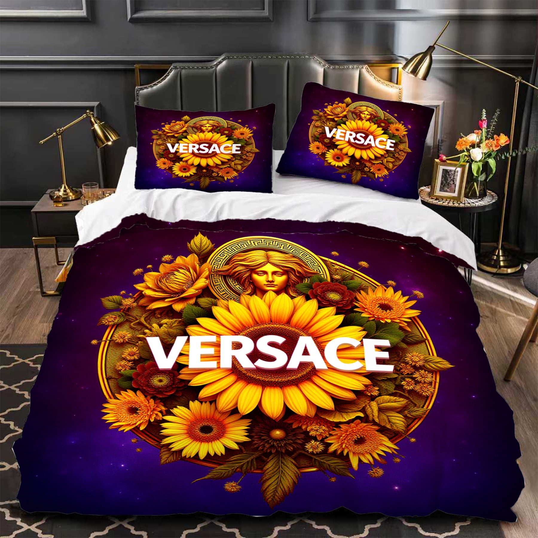 3-Piece Duvet Cover Set - Vibrant Sunflower Design with Starry Purple ...