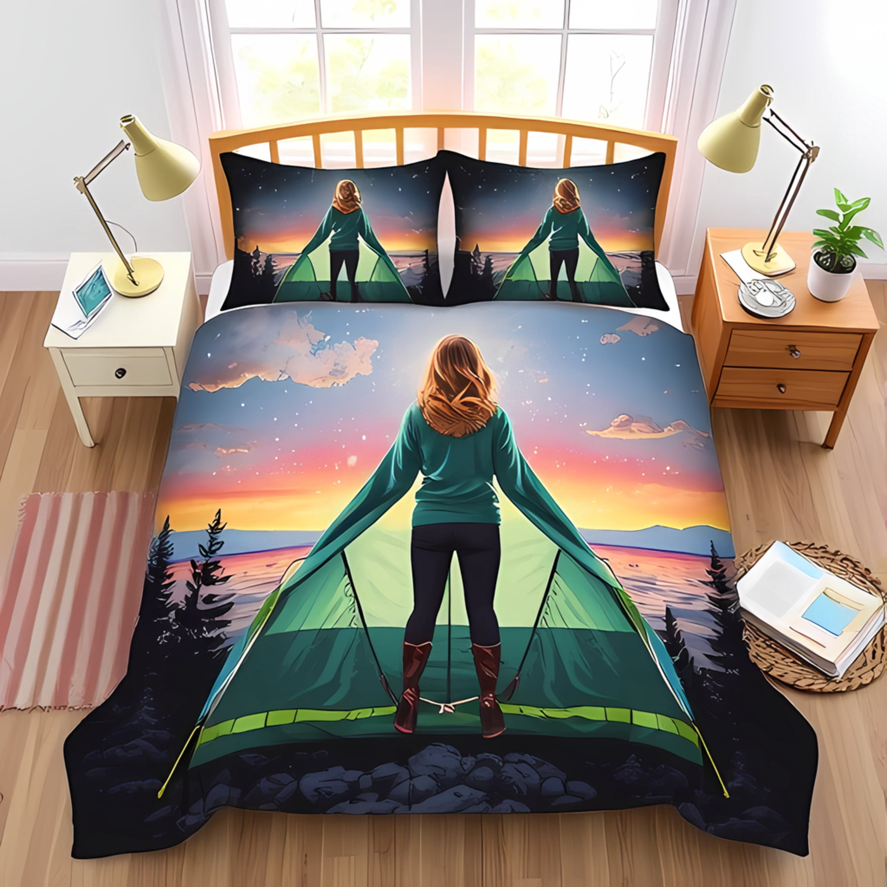 3-Piece Duvet Cover Set - Vibrant Sunset Lake Scene with Silhouetted ...