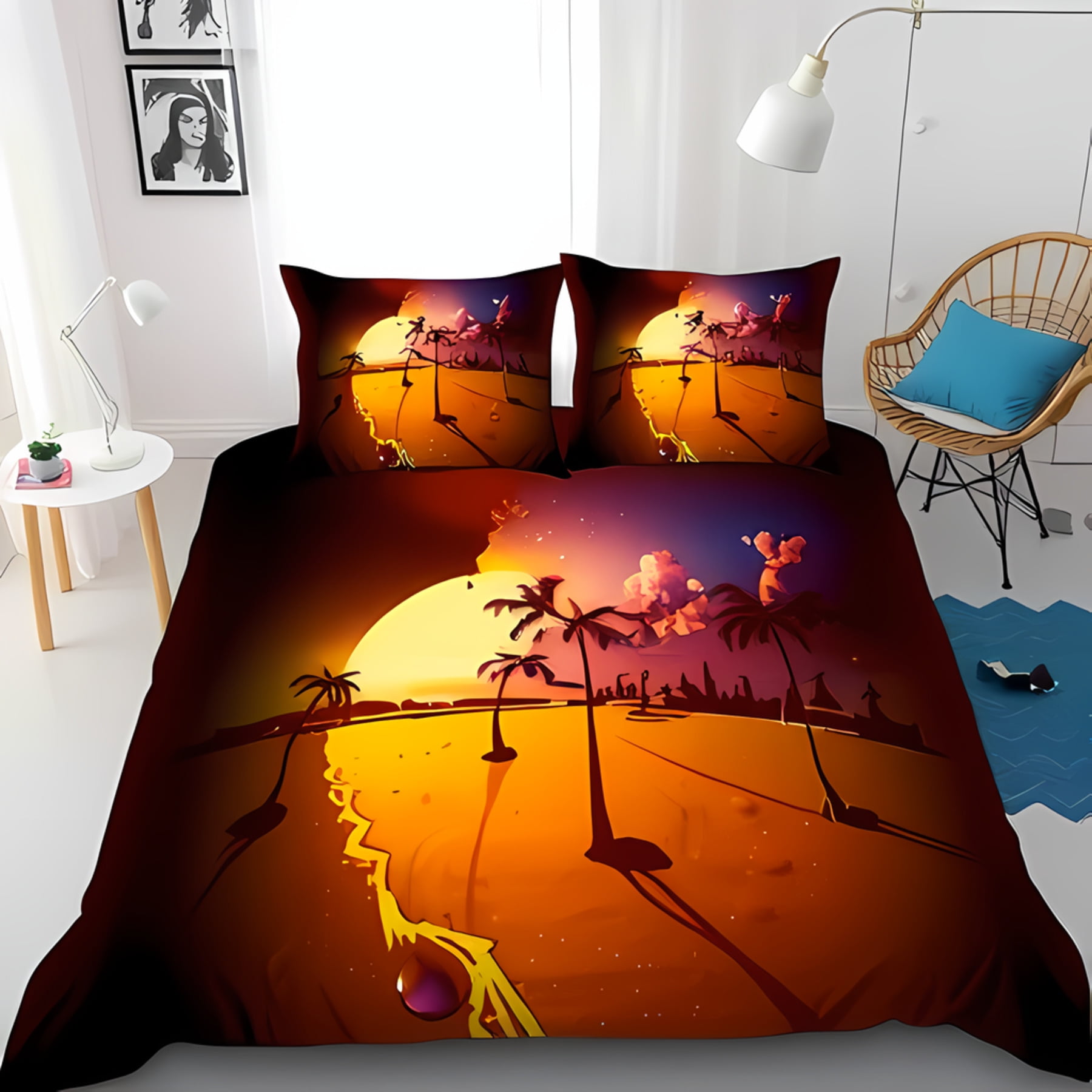 3-Piece Duvet Cover Set - Vibrant Sunset Landscape with Trees Tranquil ...