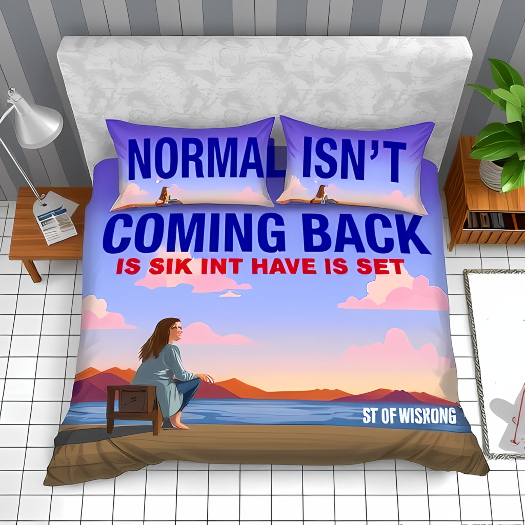 3-Piece Duvet Cover Set with Vibrant Sunset Scene Over Water Bold Text ...