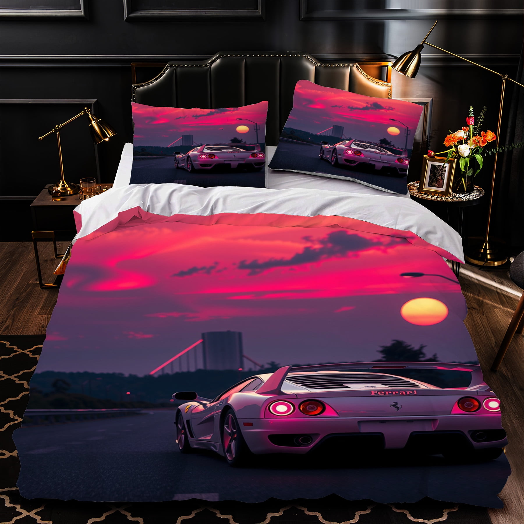 3-Piece Duvet Cover Set - Vibrant Sunset Scene in Pink Purple & Orange ...