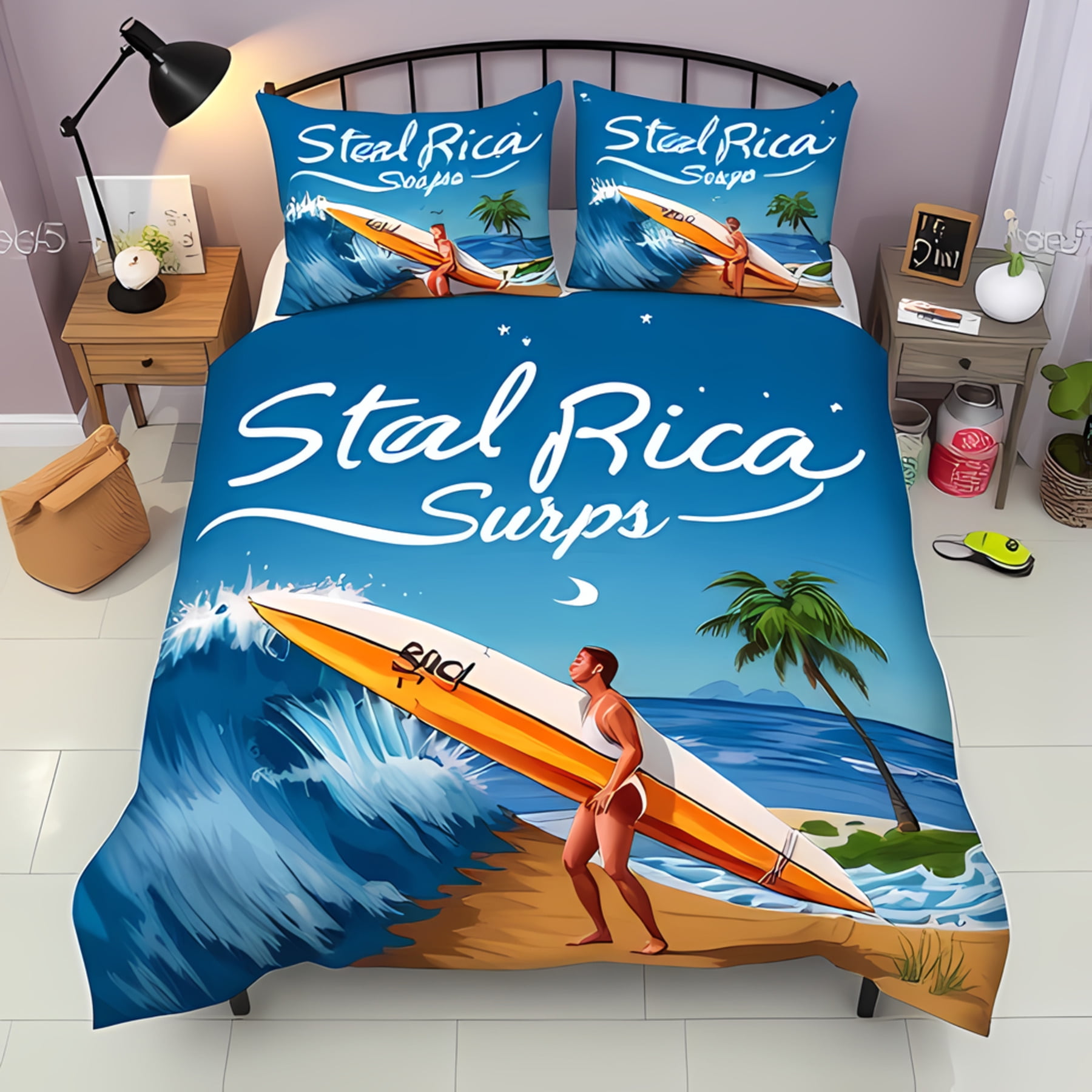3-Piece Duvet Cover Set - Vibrant Surfing Design with Surfboarder and ...