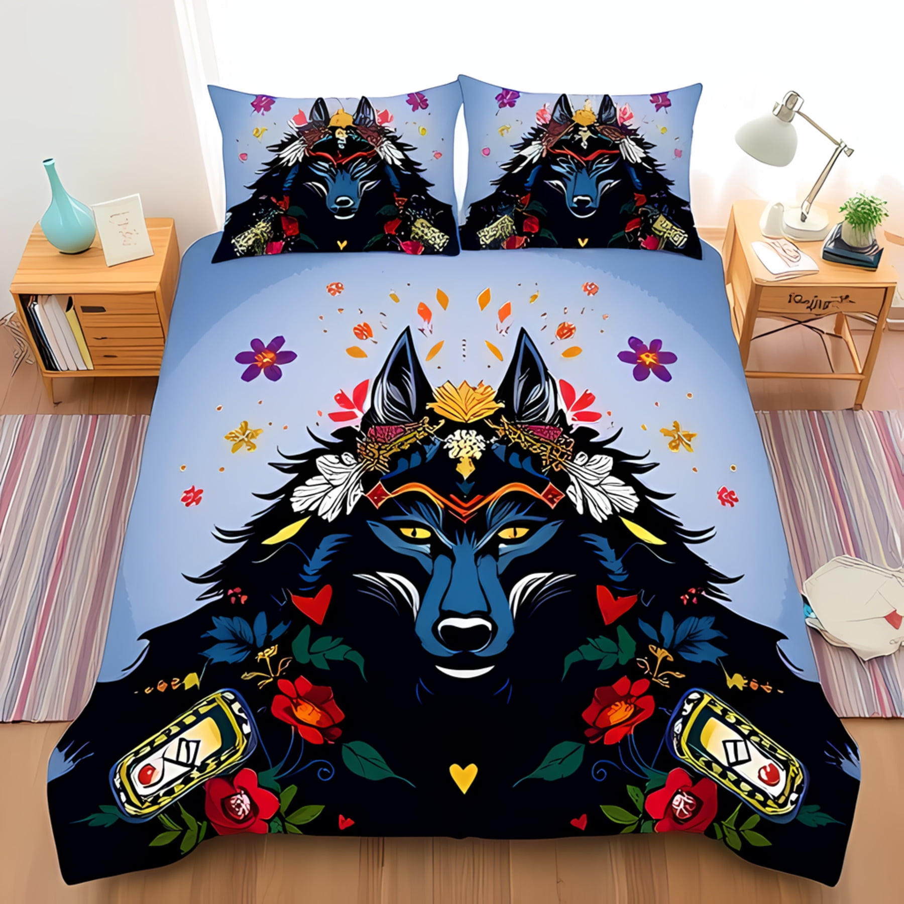 3-Piece Duvet Cover Set - Vibrant Wolf Face Design with Floral & Geometric Patterns Blue ...