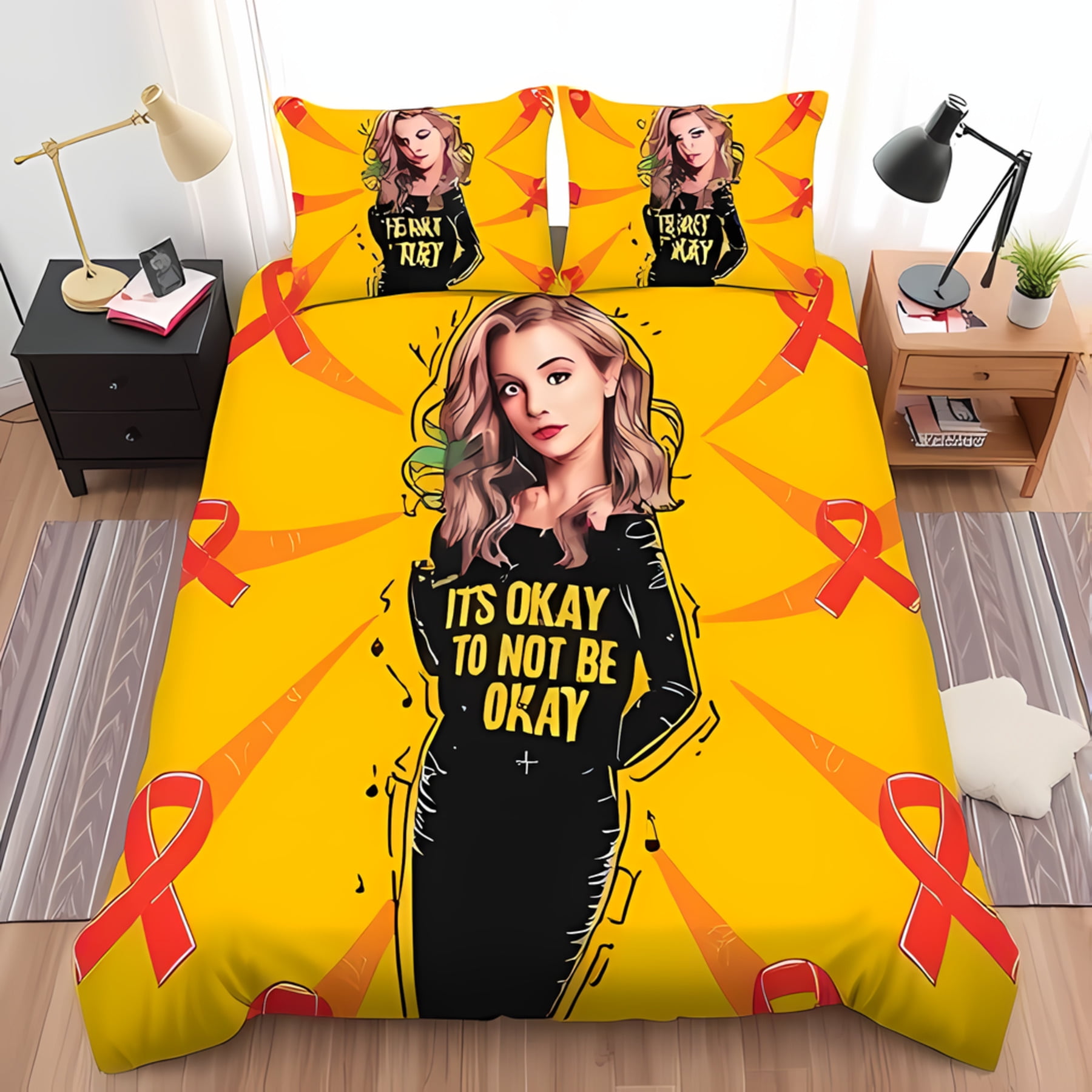 3-Piece Duvet Cover Set with Vibrant Yellow Background Red Ribbons ...