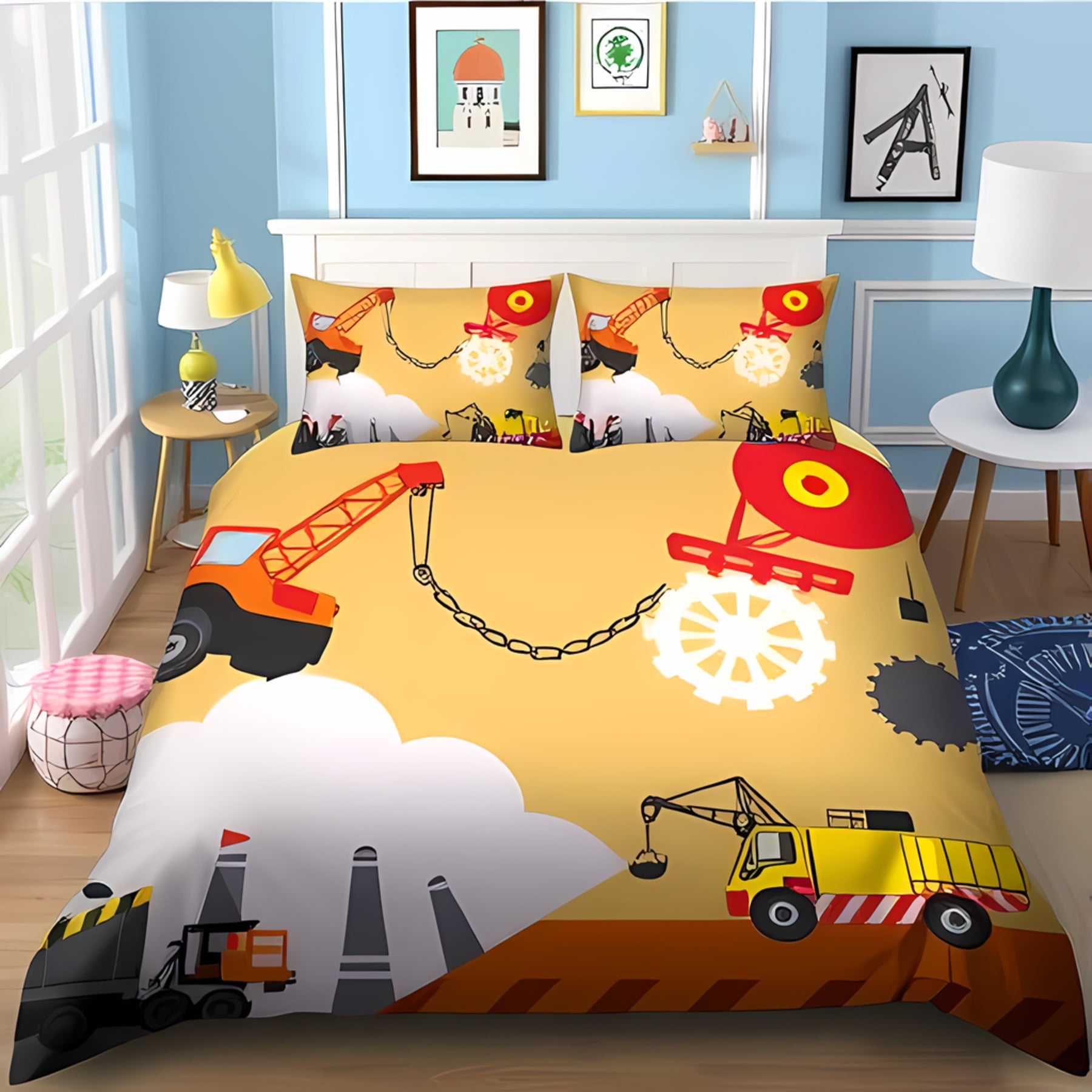 3-Piece Duvet Cover Set - Vibrant Yellow Bedspread with Crane Truck ...
