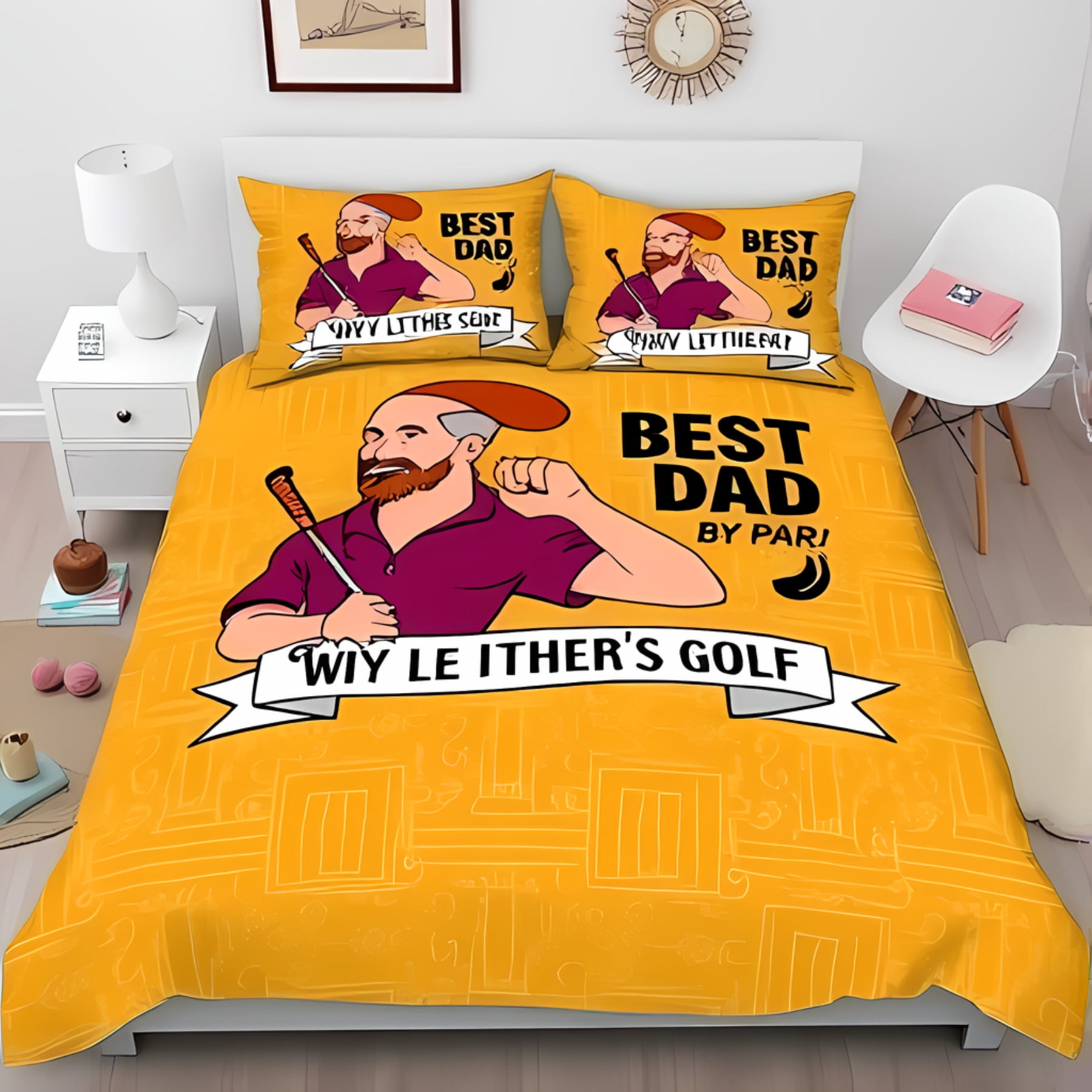 3-Piece Duvet Cover Set - Vibrant Yellow Golf Theme with 'BEST DAD BY ...