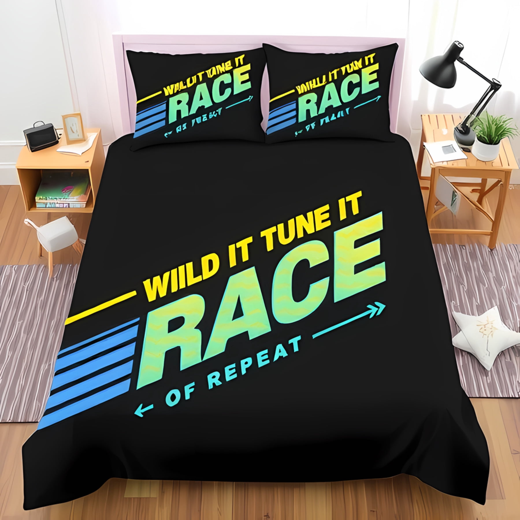 3-Piece Duvet Cover Set - "WILD IT TUNE IT RACE OF REPEAT" - Vibrant ...