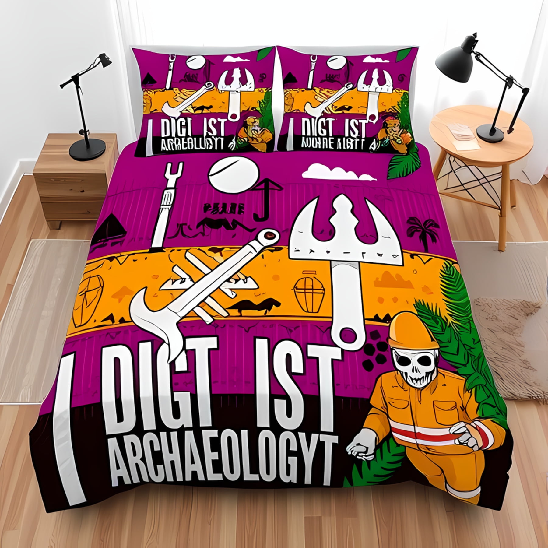 3-Piece Duvet Cover Set - Whimsical Archaeology Design with Skeletons ...