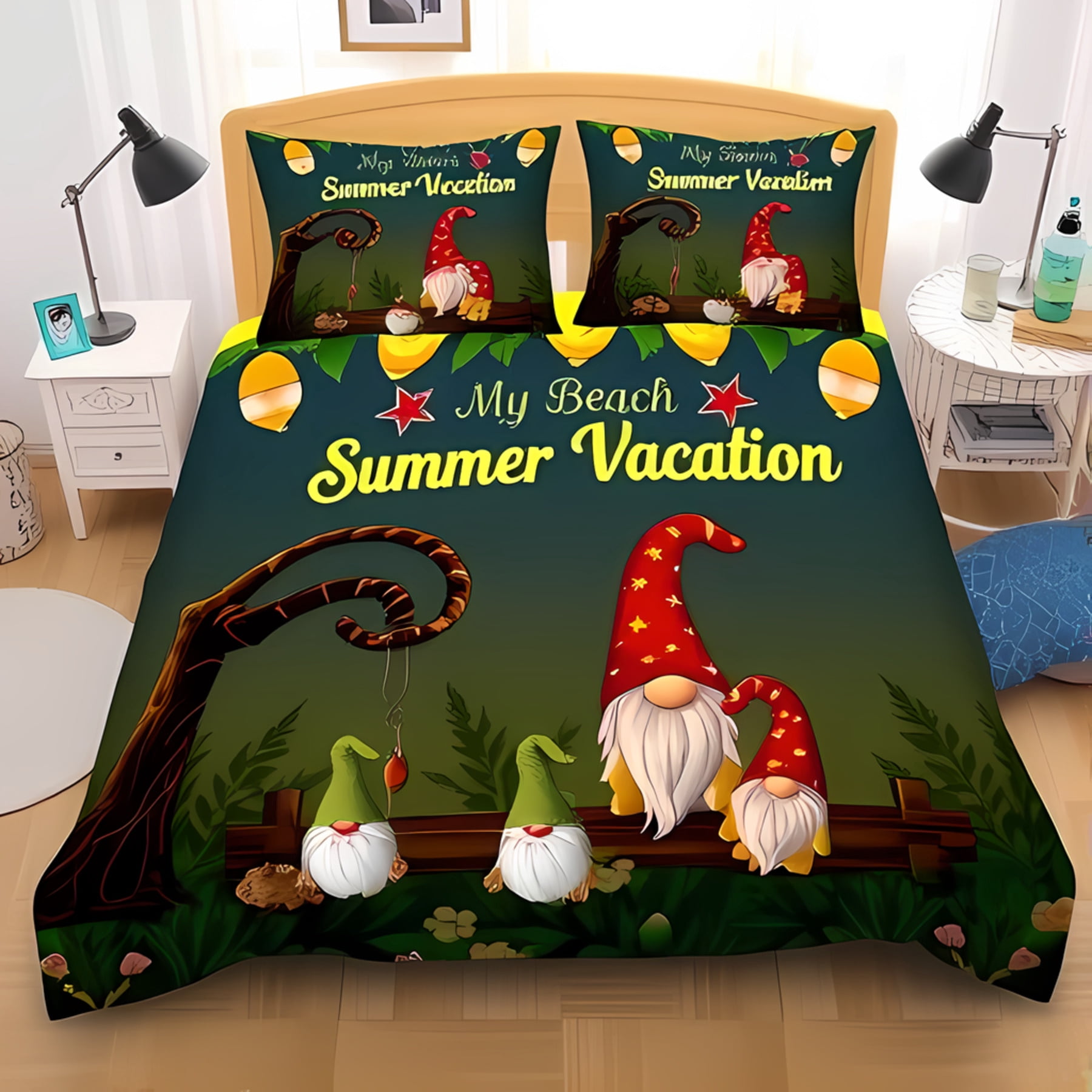 3-Piece Duvet Cover Set - Whimsical Beach on Dark Teal with Lemons ...