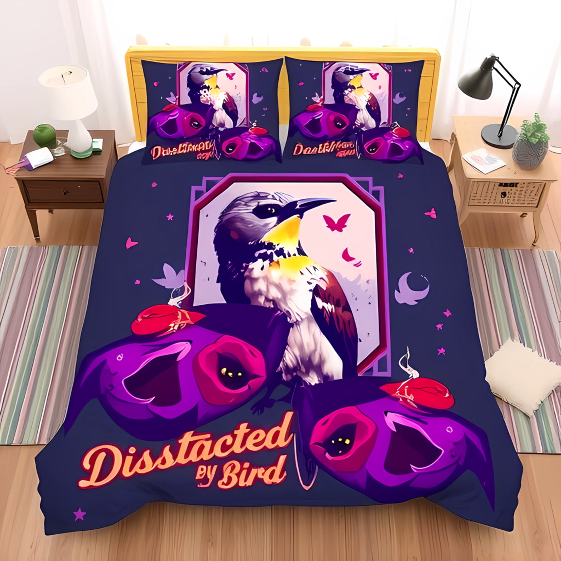 3-Piece Duvet Cover Set - Whimsical Bird Design with Yellow Purple Body ...
