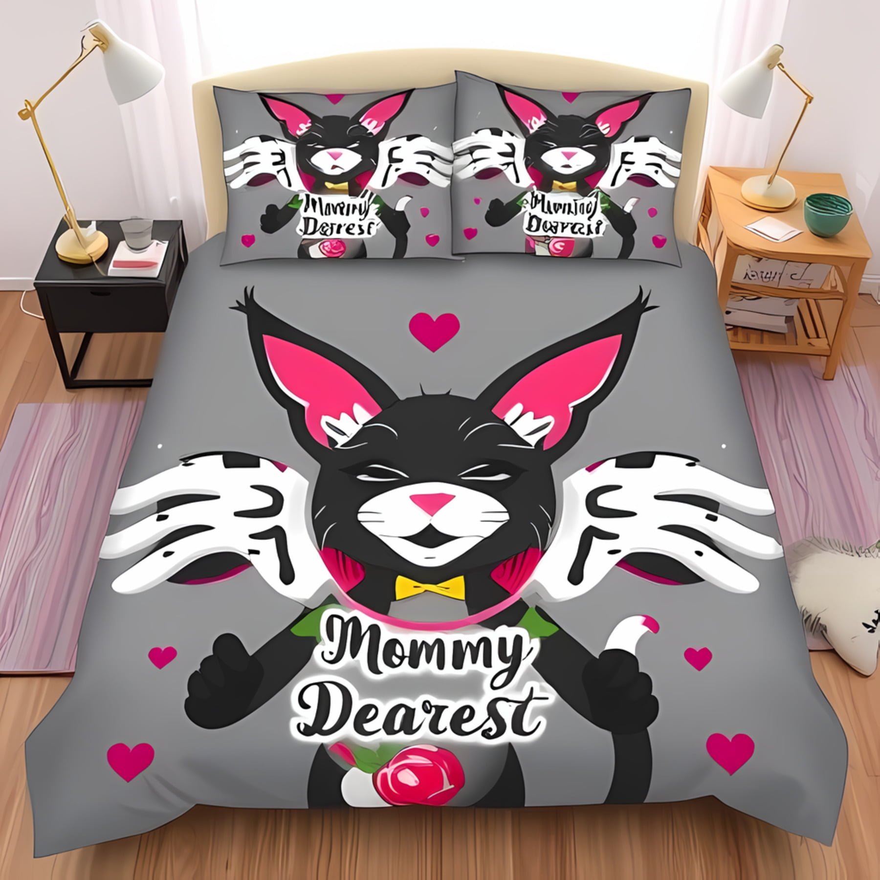 3-Piece Duvet Cover Set - Whimsical Black Cat with Pink Ears & Wings 'Mommy Dearest' Design Cozy ...
