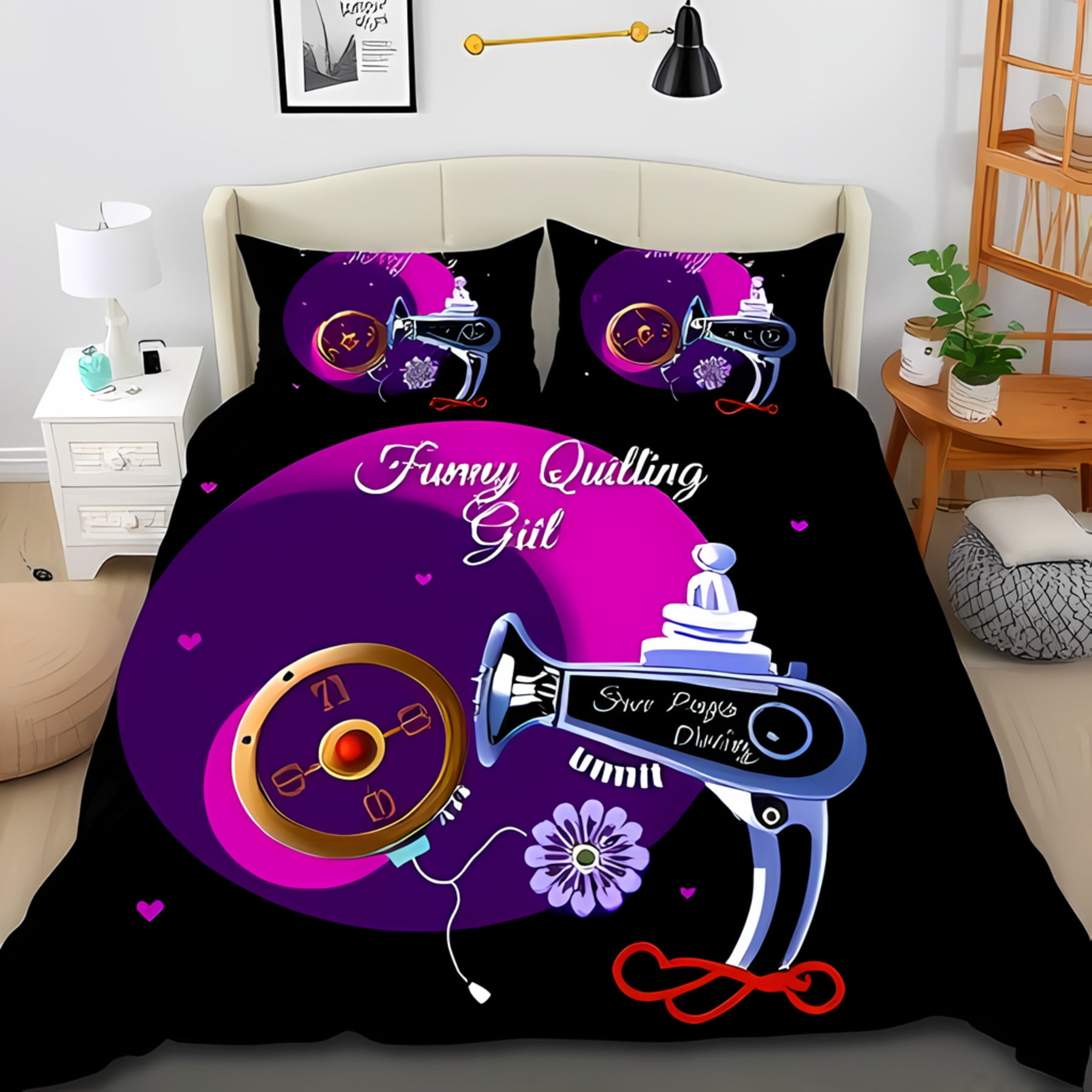 3-Piece Duvet Cover Set - Whimsical Black Design with Purple & Pink ...