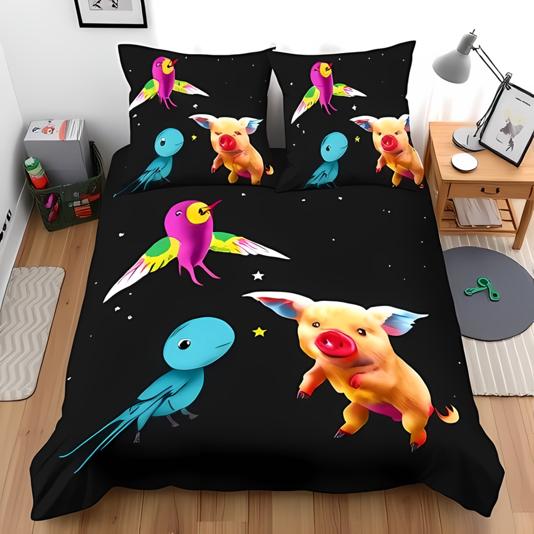 3-Piece Duvet Cover Set with Whimsical Cartoon Animals Design - Black ...