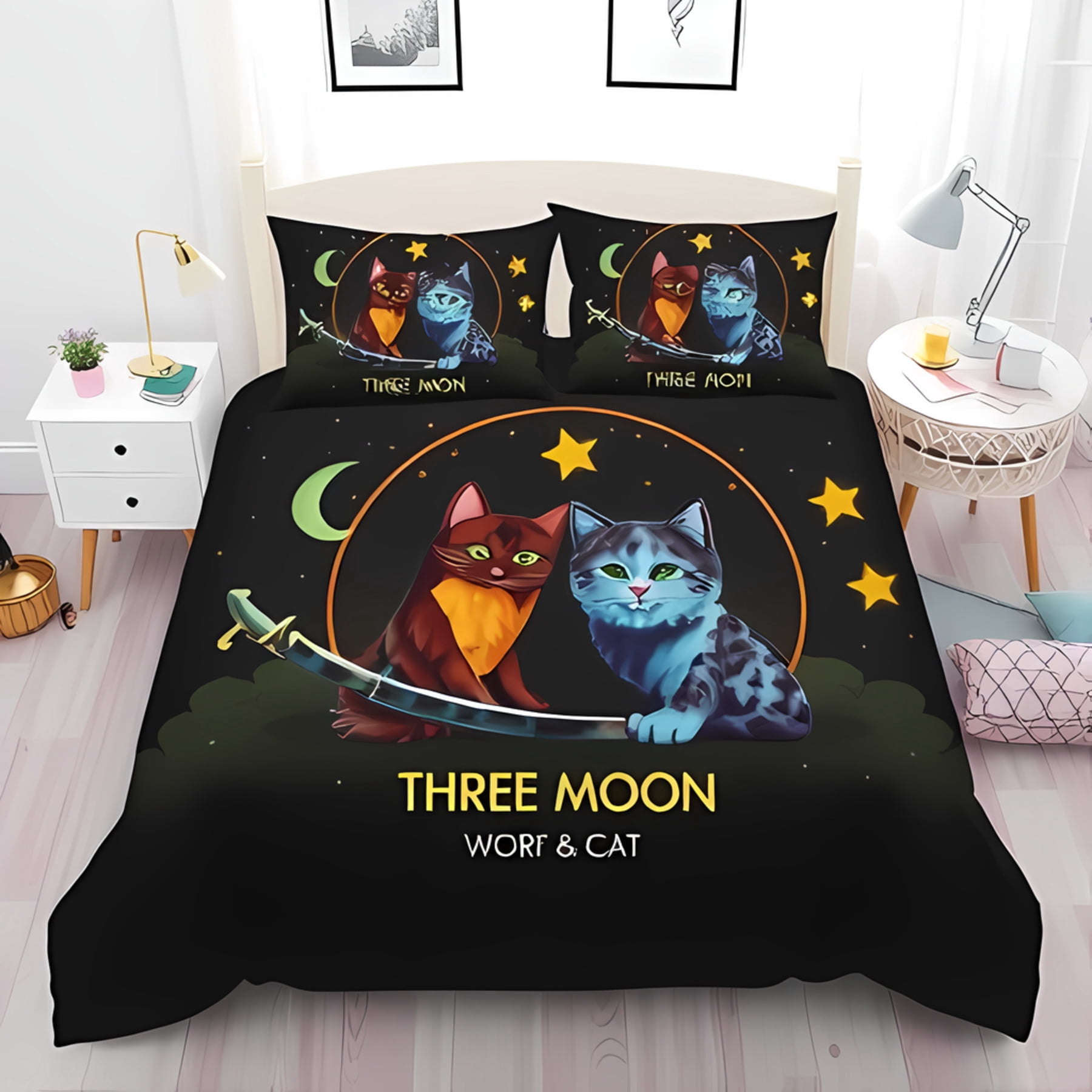 3-Piece Duvet Cover Set - Whimsical Cat Design with Red & Blue Cats ...