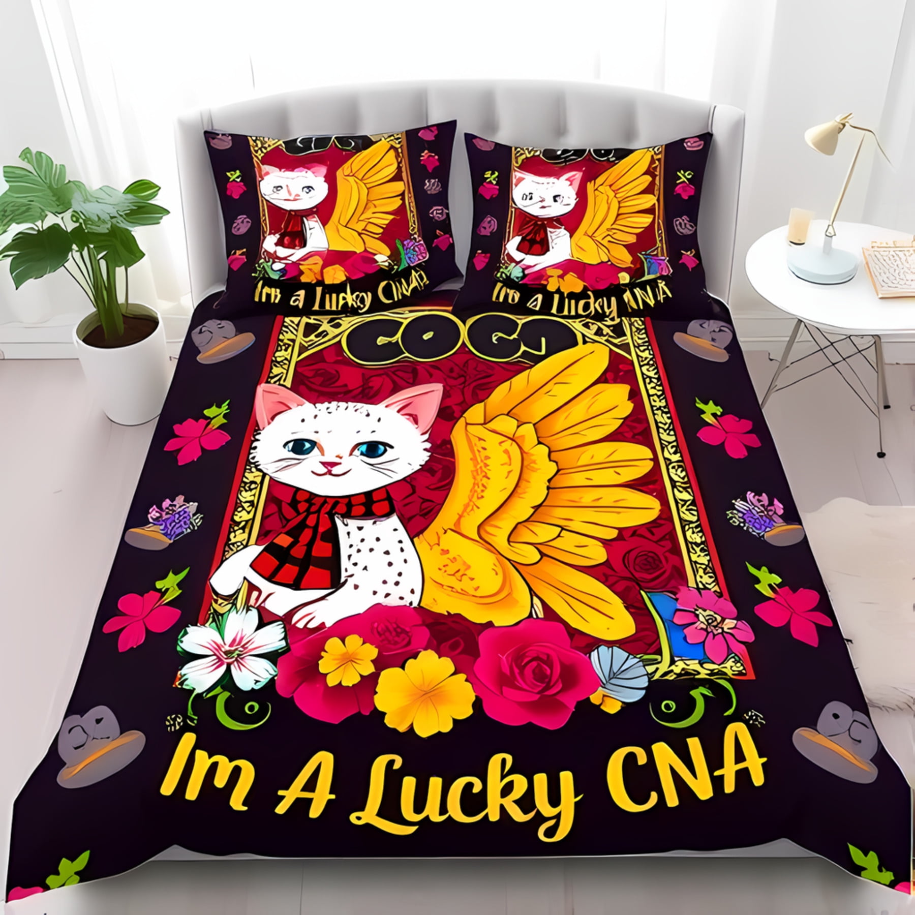 3-Piece Duvet Cover Set - Whimsical Cat " I'm a Lucky CNA " Design ...