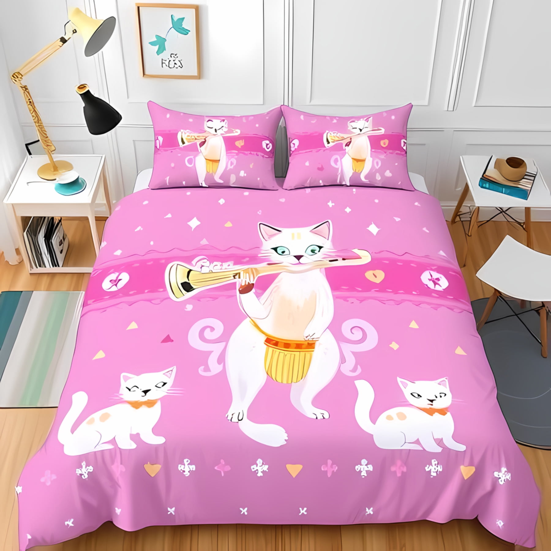 3-Piece Duvet Cover Set - Whimsical Cat Playing Trumpet & Design Pink ...