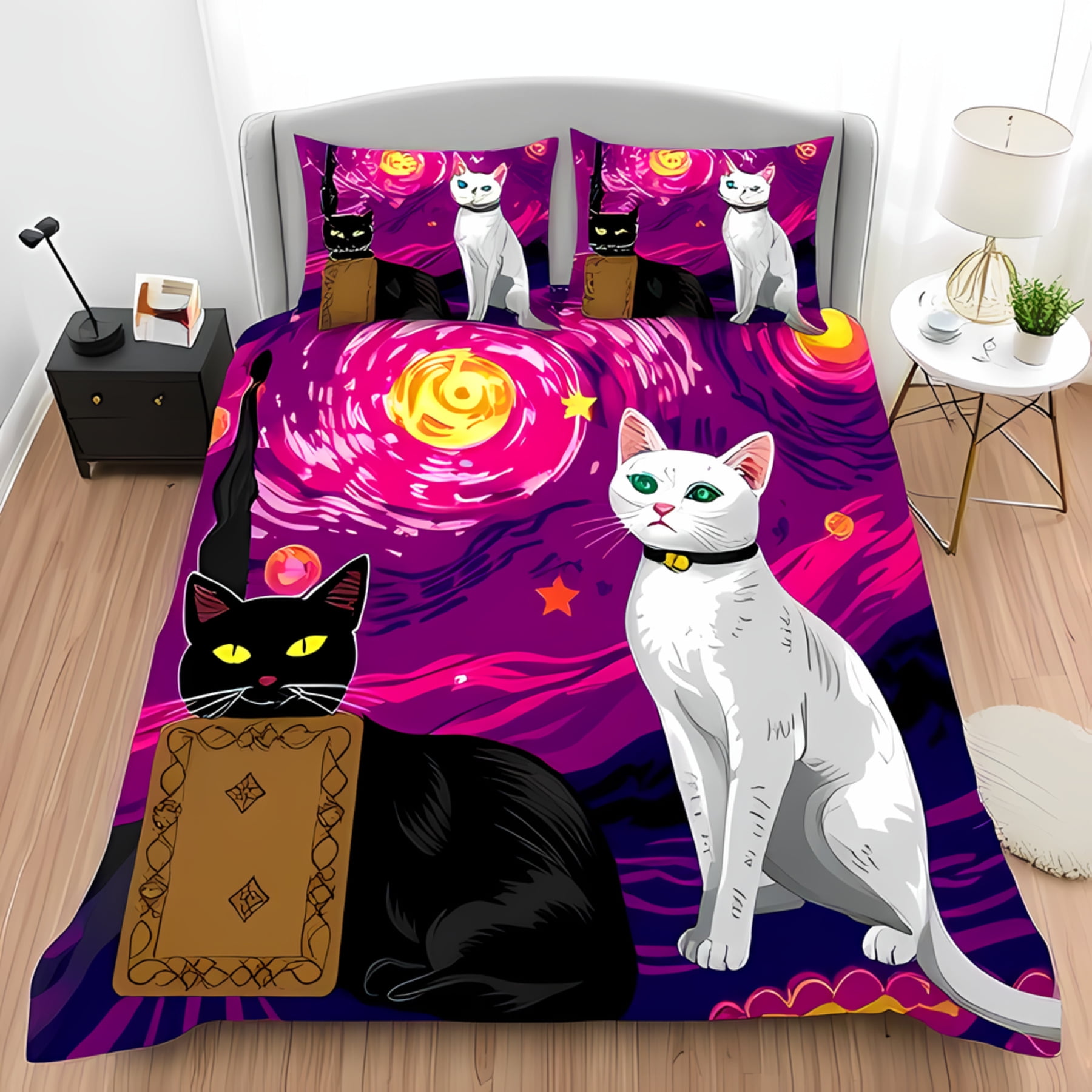 3-Piece Duvet Cover Set - Whimsical Cats Design with Black & White Cats ...