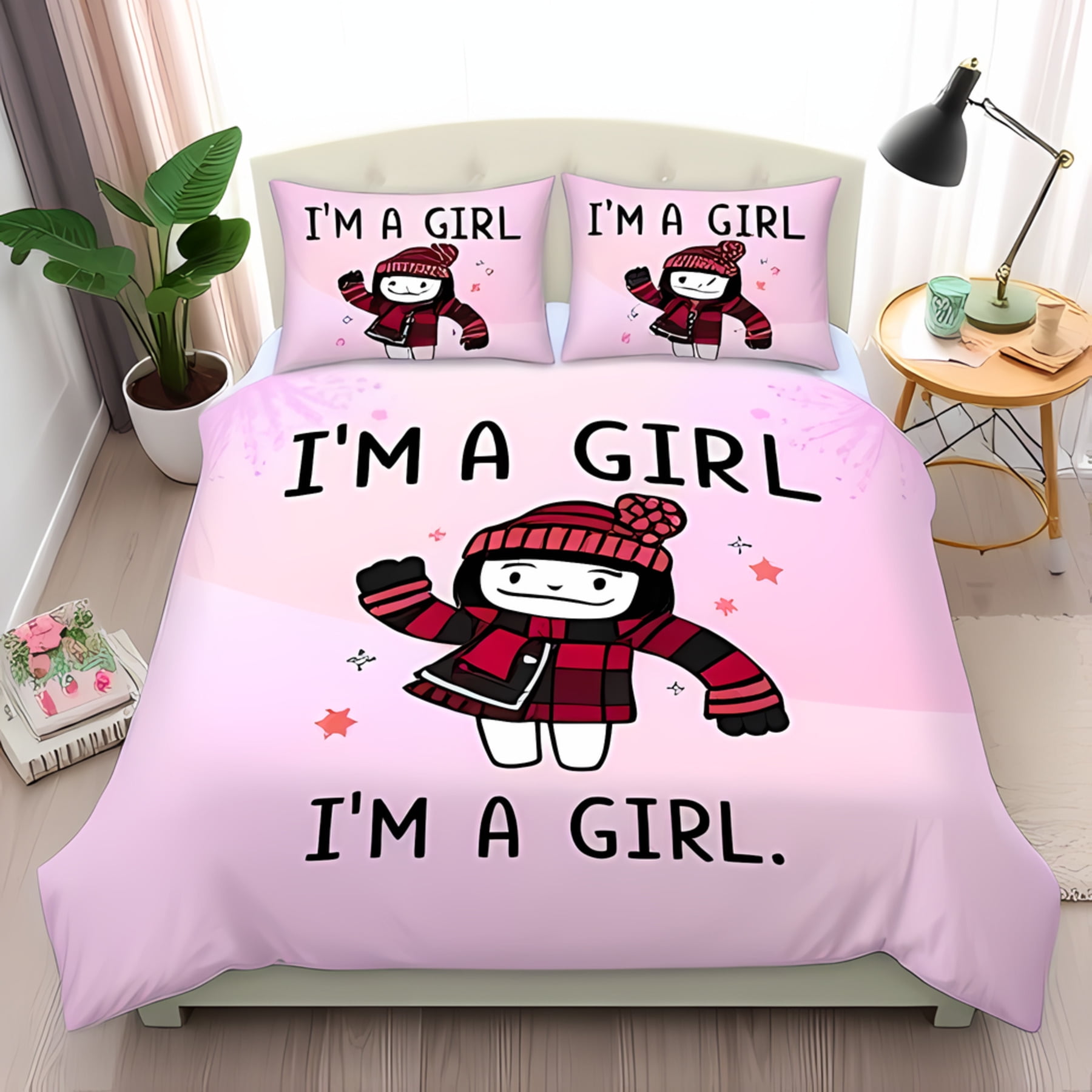 3-Piece Duvet Cover Set - Whimsical Character in Pink with " I'M A GIRL ...