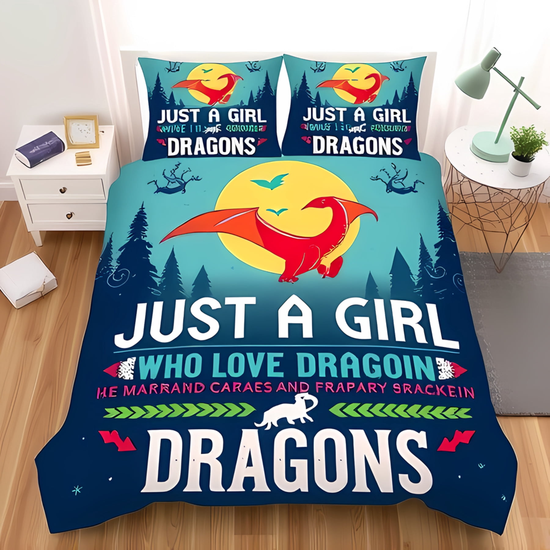 3-Piece Duvet Cover Set - Whimsical Dragon Design with Bold Typography ...