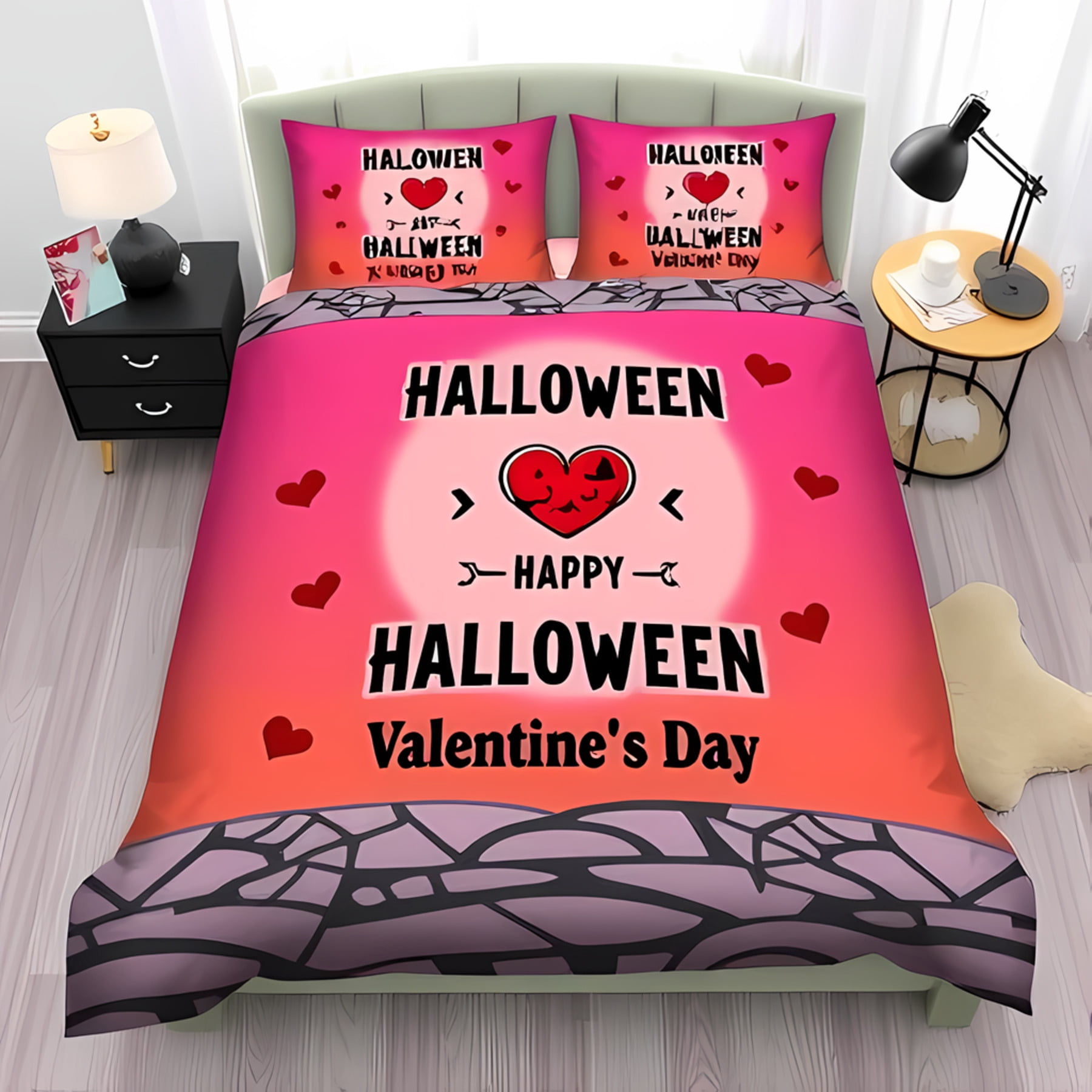 3-Piece Duvet Cover Set - Whimsical Halloween & 's Day Heart Design ...