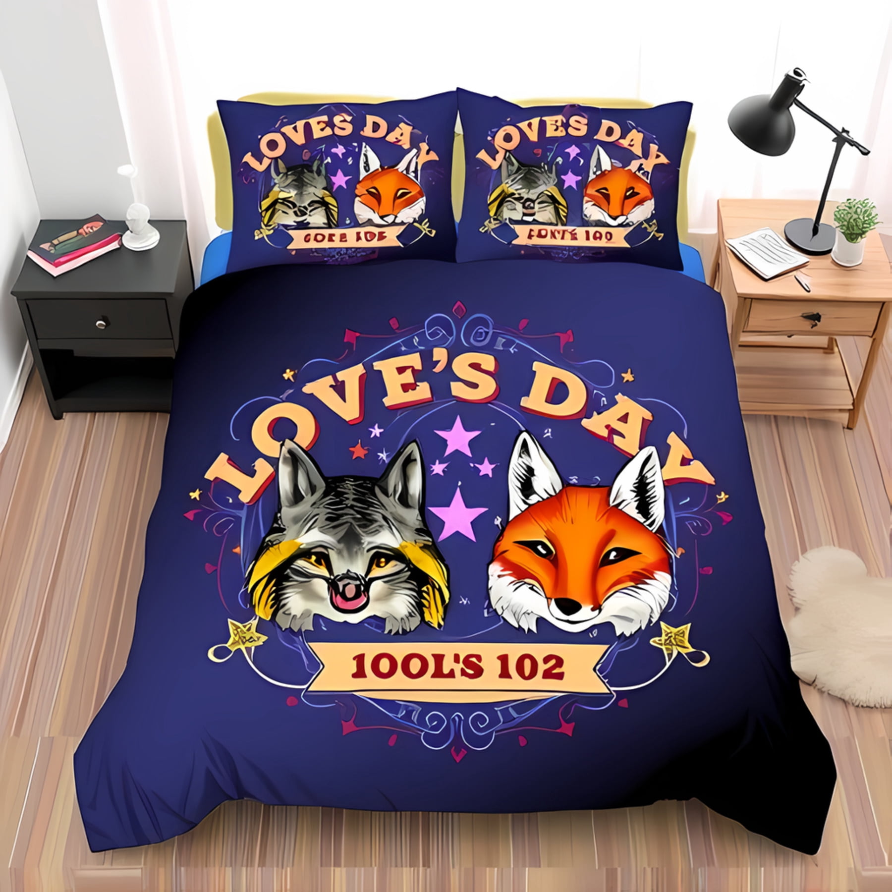 3-Piece Duvet Cover Set - Whimsical "LOVE'S DAY" Design Fox Deep Blue ...