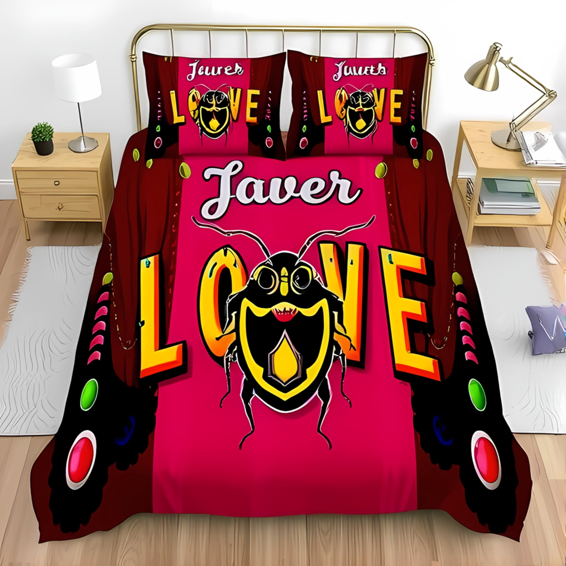 3-Piece Duvet Cover Set - Whimsical Love Design with Bold Yellow ...