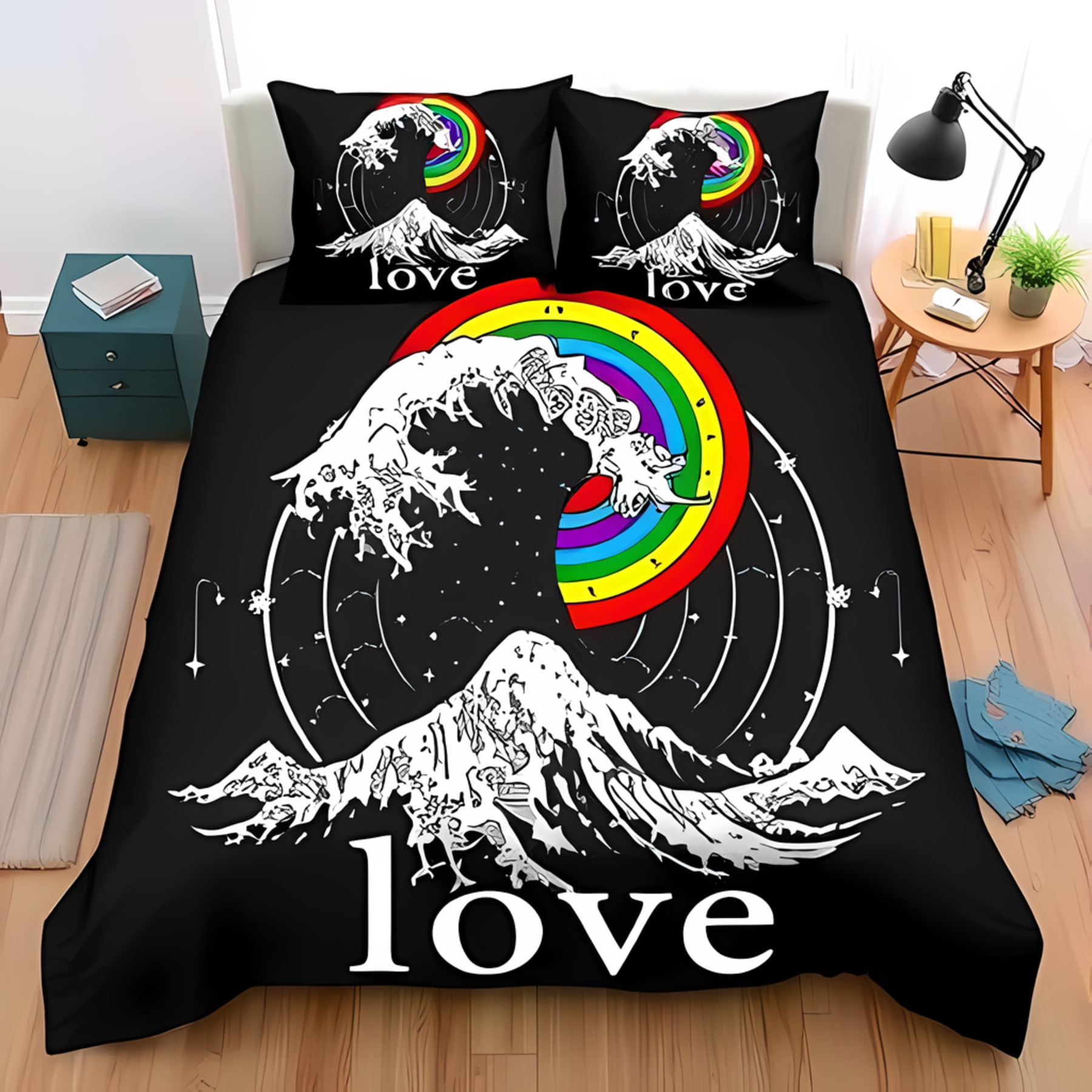 3-Piece Duvet Cover Set - Whimsical Mountain & Rainbow Design on Black ...