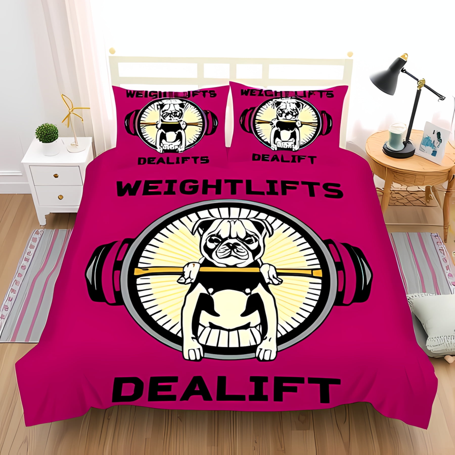 3-Piece Duvet Cover Set - Whimsical Muscular Pug Lifting Barbell Design ...
