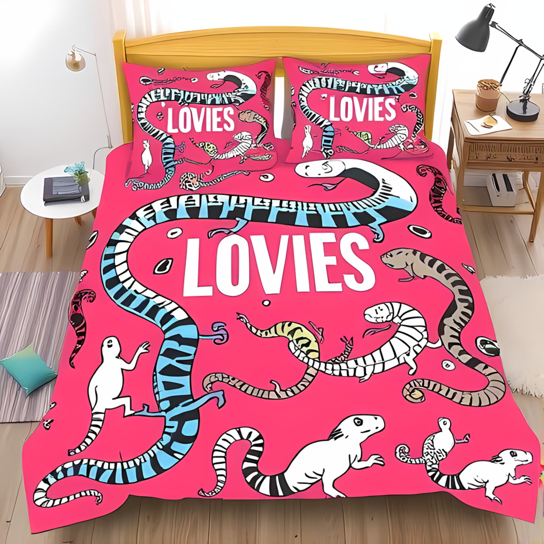3-Piece Duvet Cover Set - Whimsical Pink Bedding with Playful Snakes & Lizards Bold 'LOVIES ...