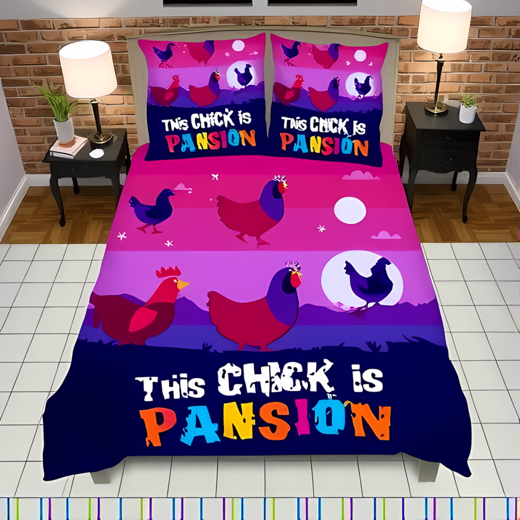 3-Piece Duvet Cover Set - Whimsical Purple Chickens with 'This Chick is ...