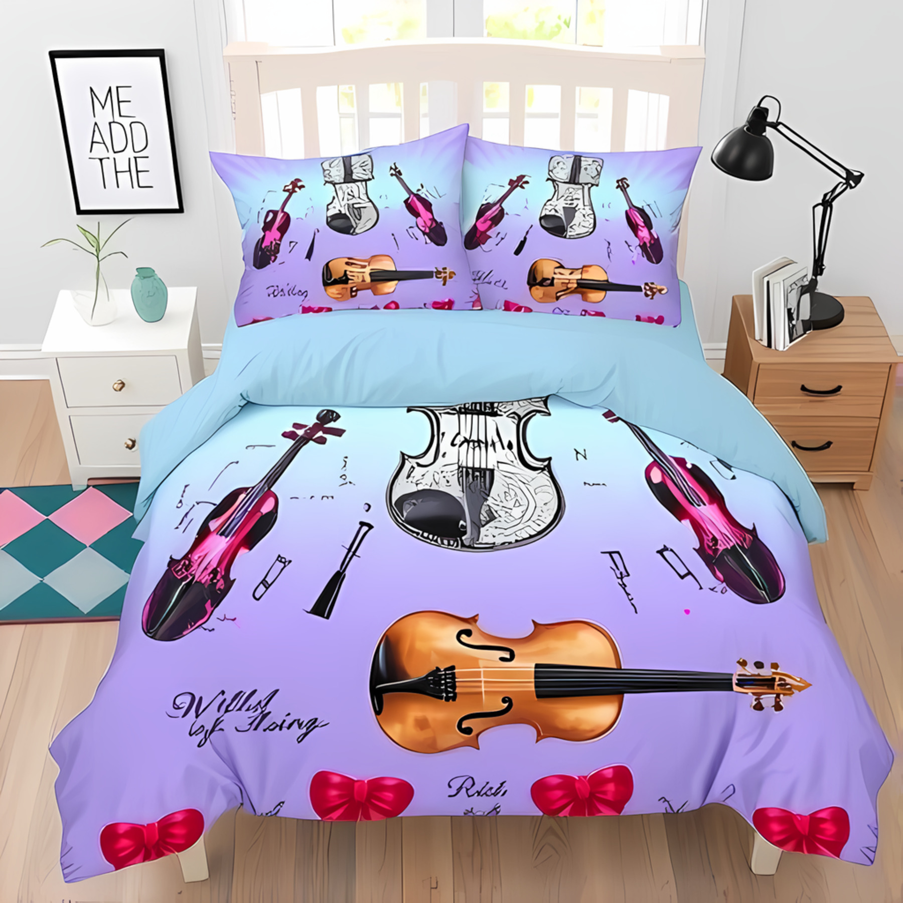 3-Piece Duvet Cover Set - Whimsical Purple & Light Blue Violins with ...