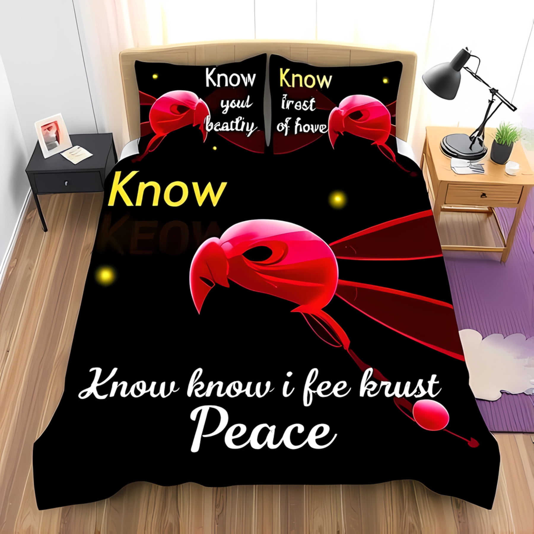 3-Piece Duvet Cover Set - Whimsical Red Design with Inspirational Text ...