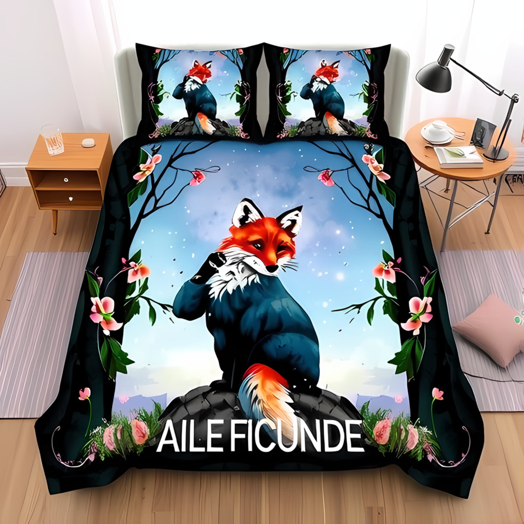 3-Piece Duvet Cover Set - Whimsical Red Fox on Stone with Starry Night ...