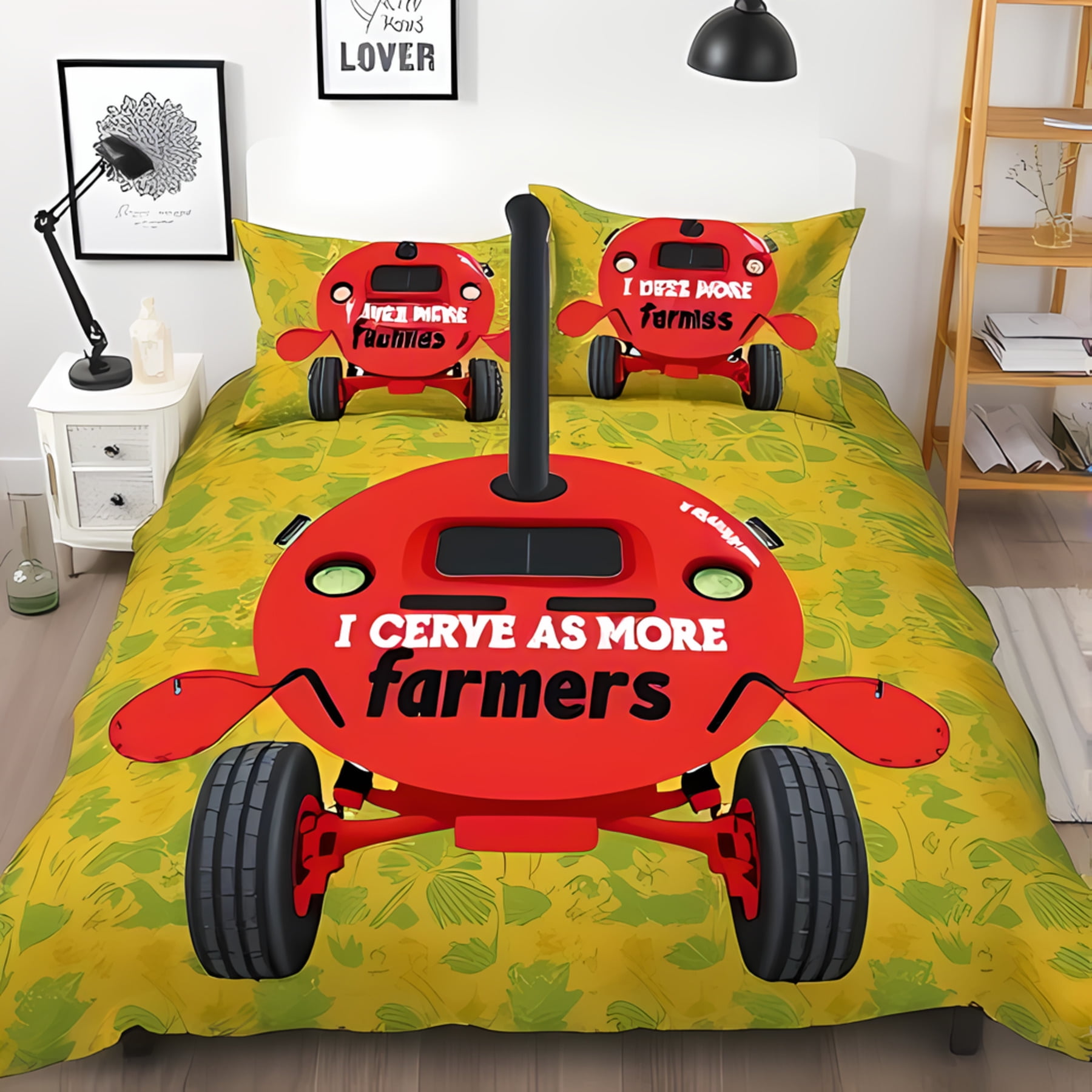 3-Piece Duvet Cover Set - Whimsical Red Tractor Design with Playful ...