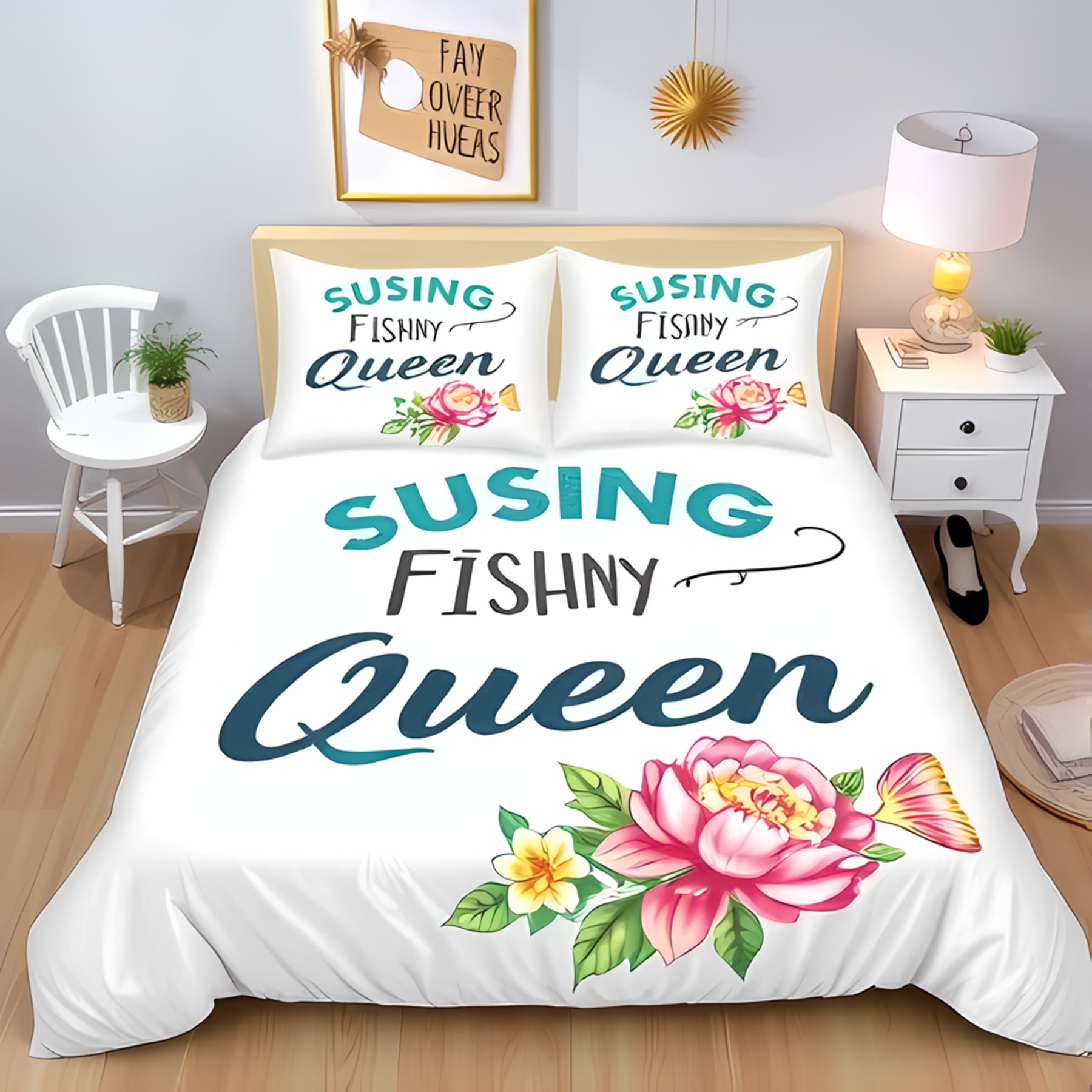 3-Piece Duvet Cover Set - Whimsical " SUSING FISHY QUEEN " Typography ...