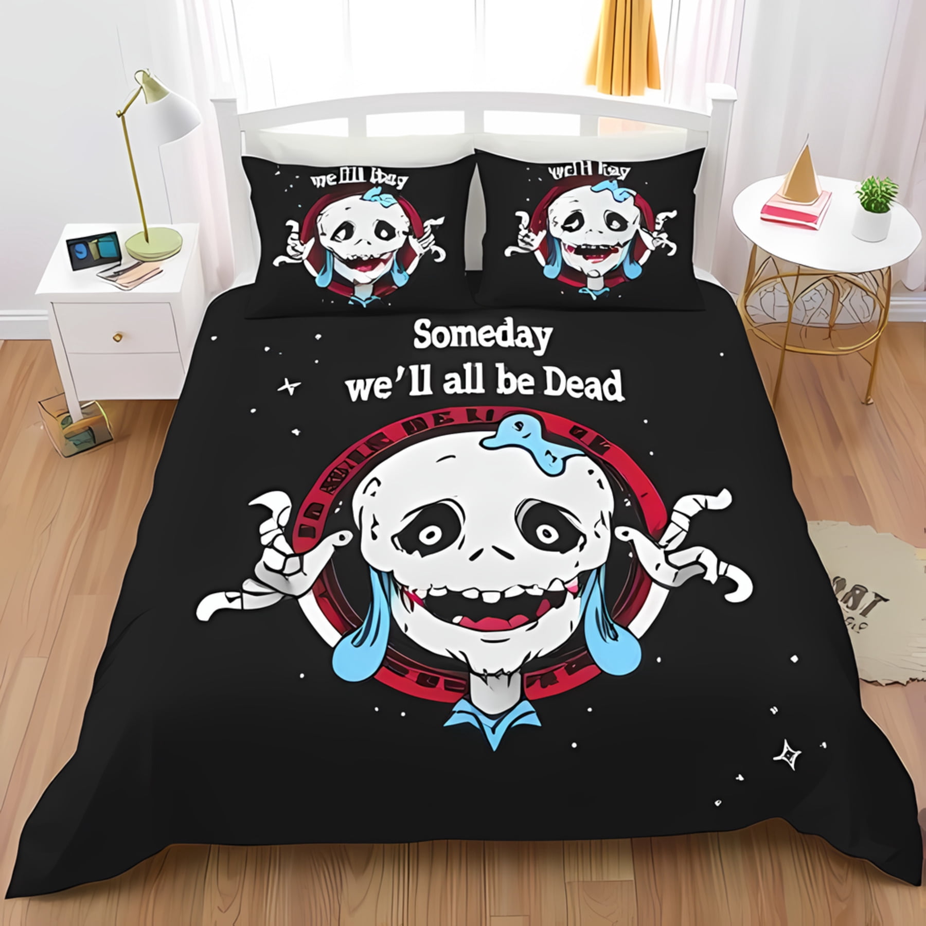 3-Piece Duvet Cover Set - Whimsical Skeleton Design with Bold " Someday ...