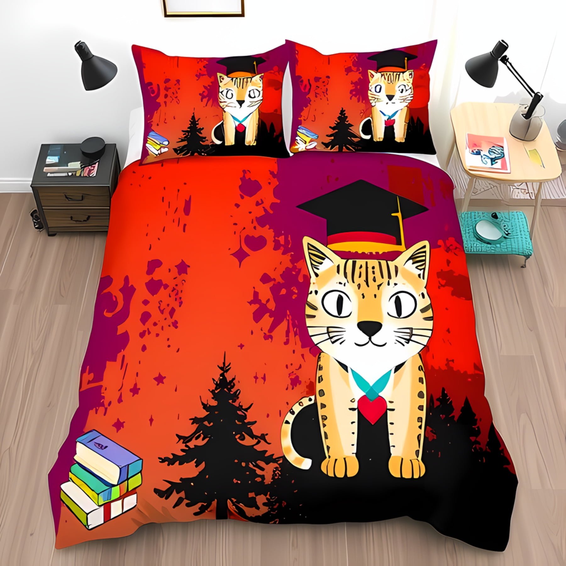 3-Piece Duvet Cover Set - Whimsical Tiger Graduation Design with Blue ...