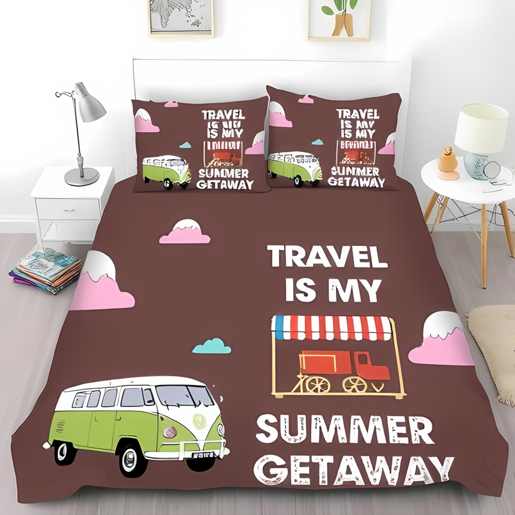 3-Piece Duvet Cover Set - Whimsical Travel Design with Green Van ...